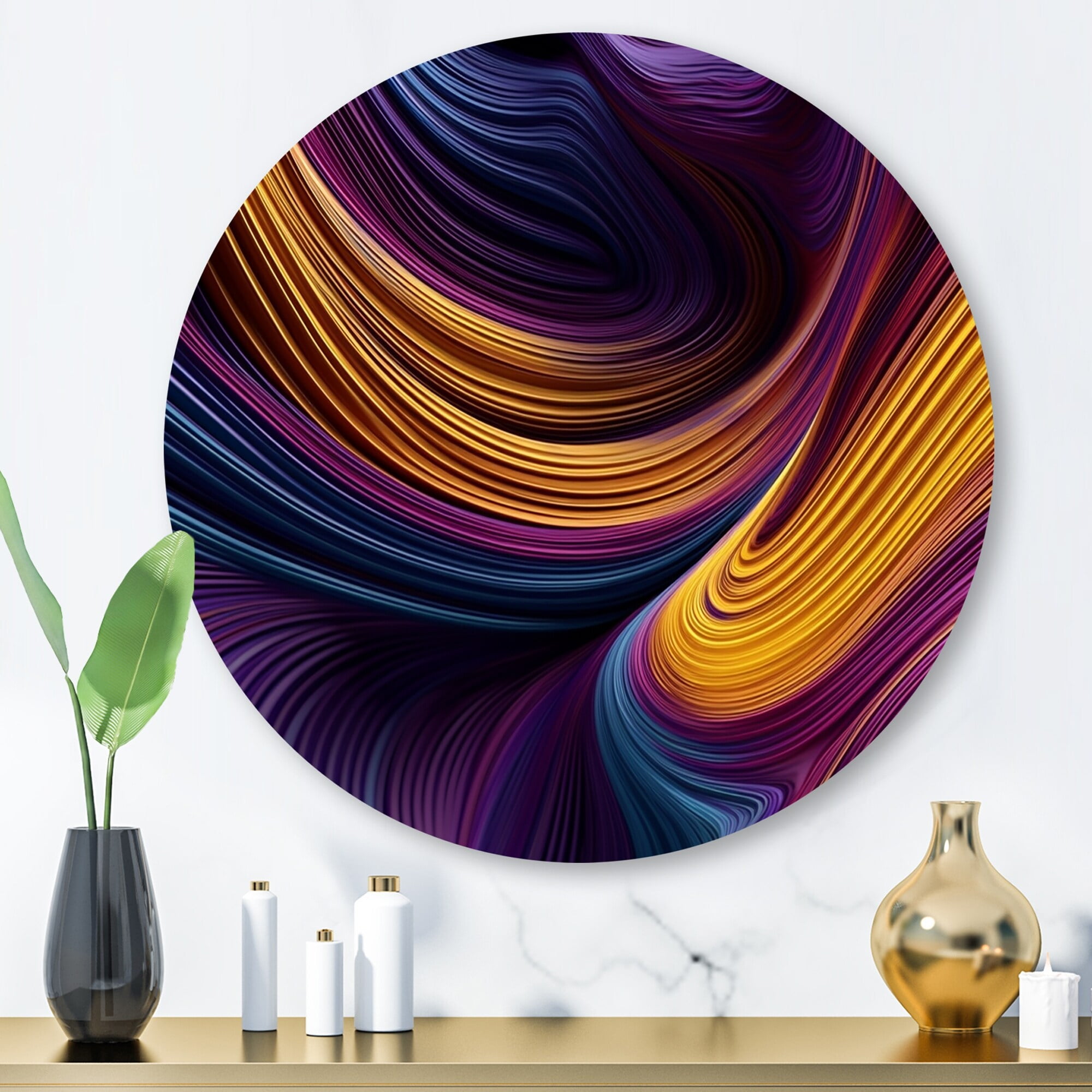 Designart "Dynamic Duet Purple and Yellow I" Modern Waves Metal Round ...
