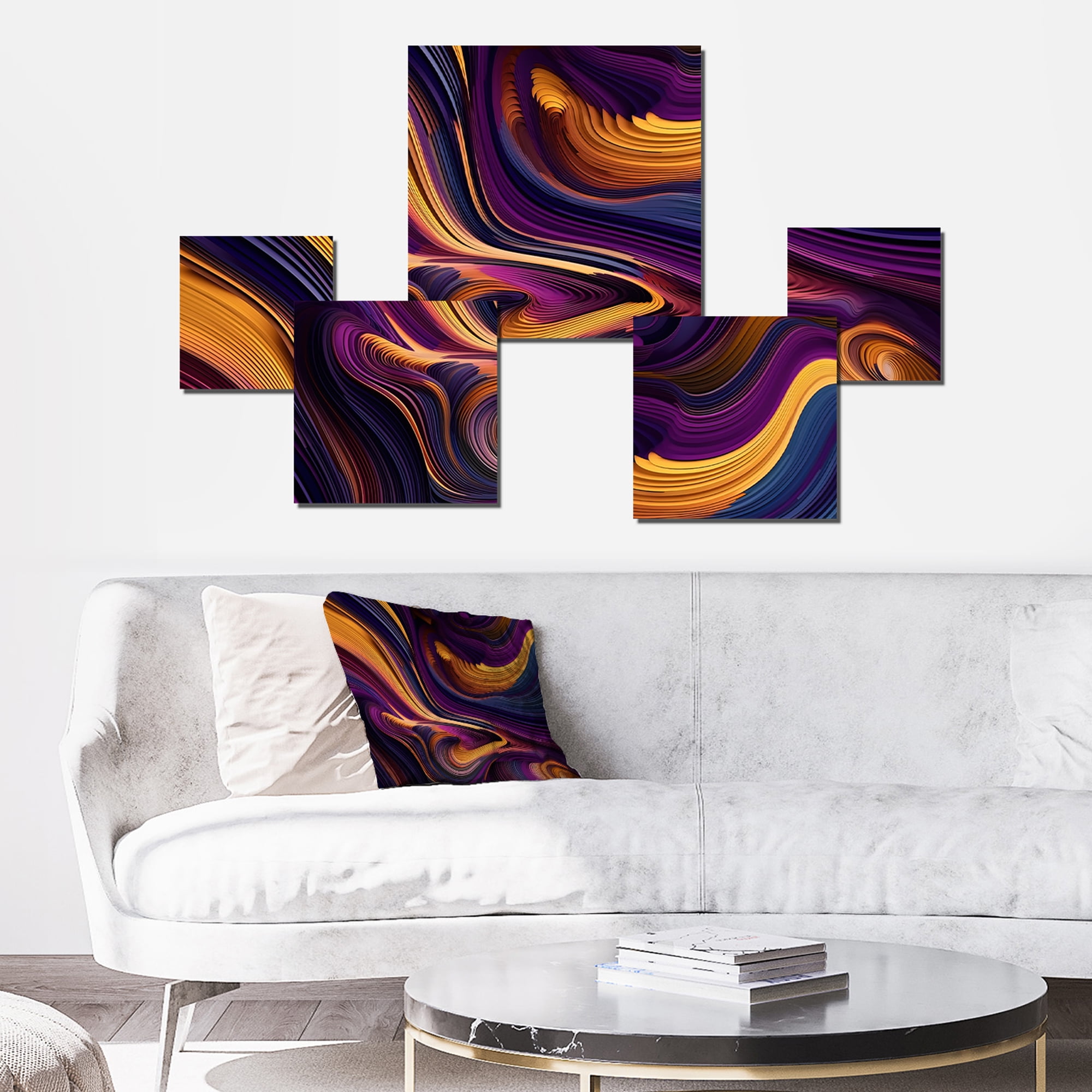 Designart "Dynamic Duet Purple and Yellow II" Modern Waves Metal Wall ...