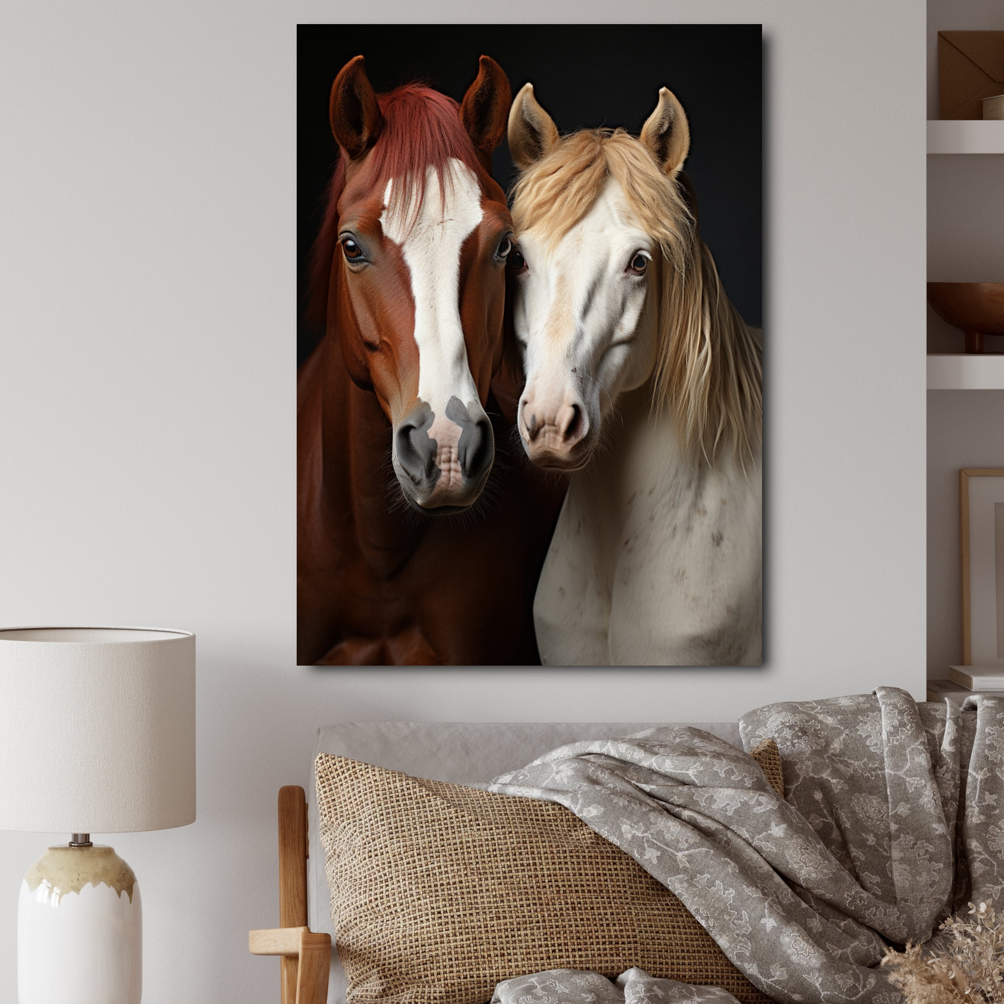 Designart "Dynamic Equine Duo White and Brown Horse II" Animals Wall ...