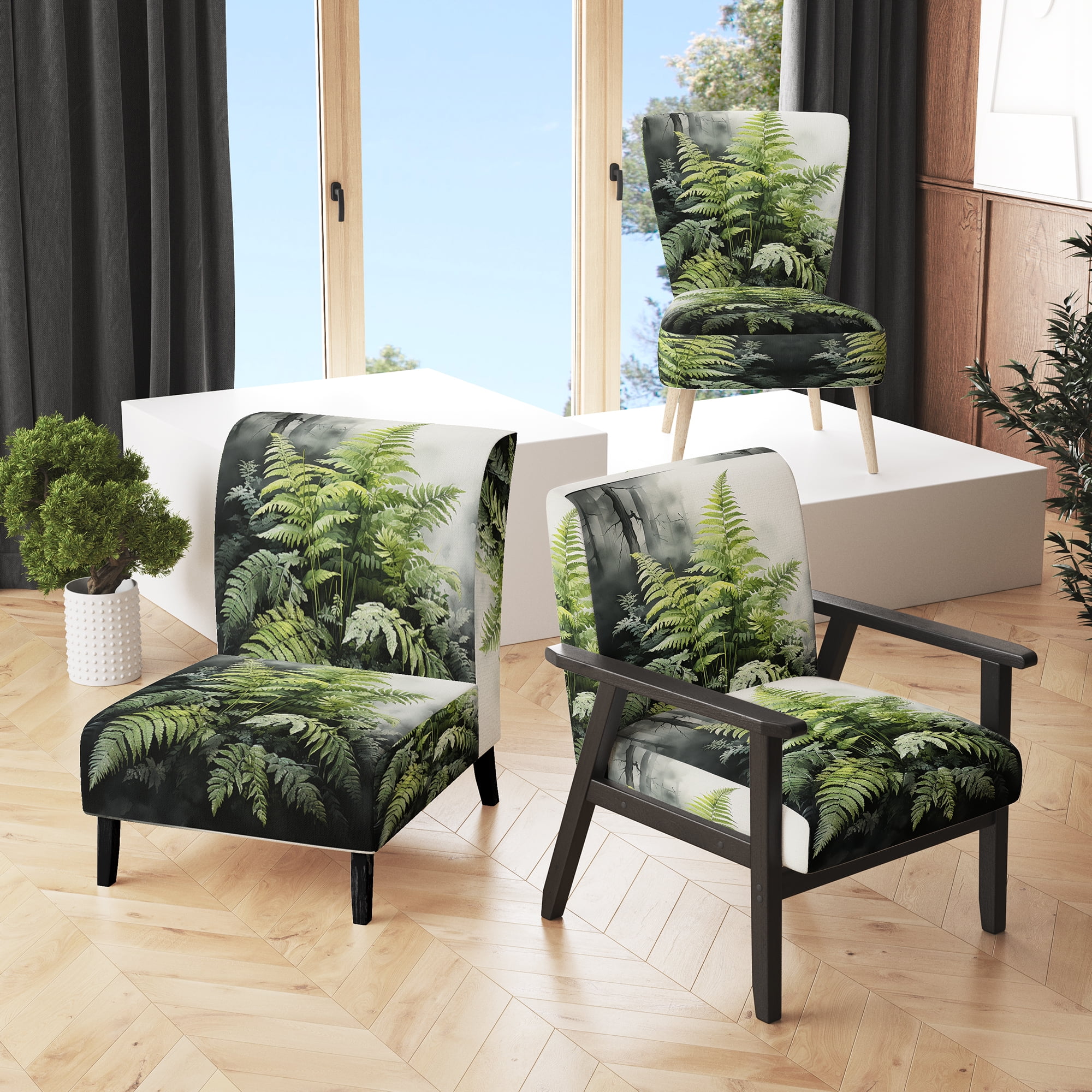 Designart "Dynamic Ferns Green and Black Contrast I" Green Ferns ...