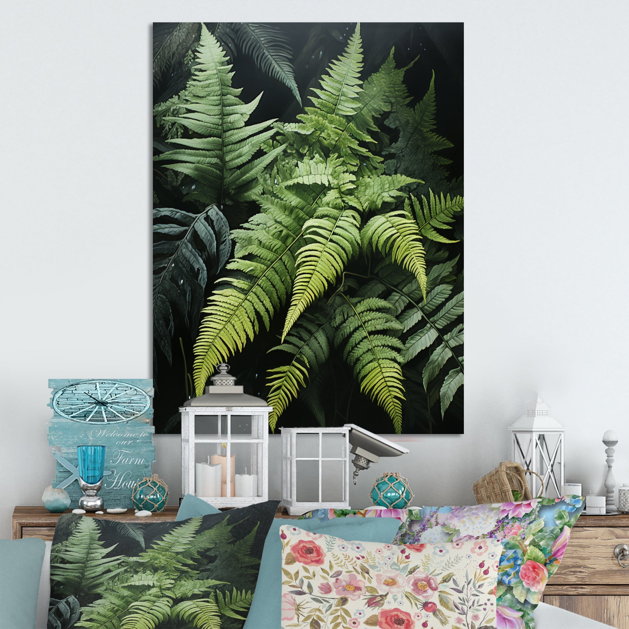 Designart "Dynamic Ferns Green and Black Contrast II" Floral ...