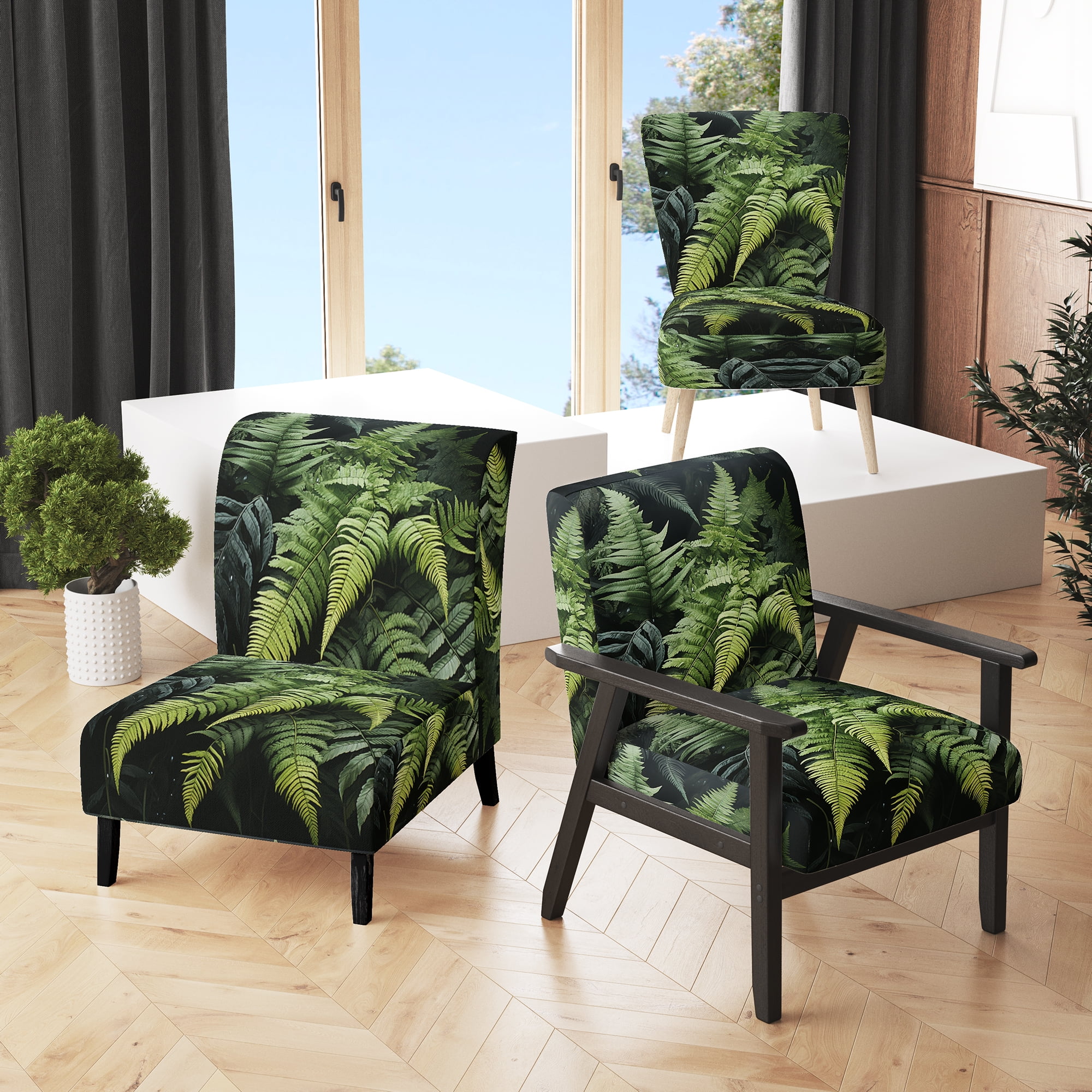 Designart "Dynamic Ferns Green and Black Contrast II" Green Ferns ...