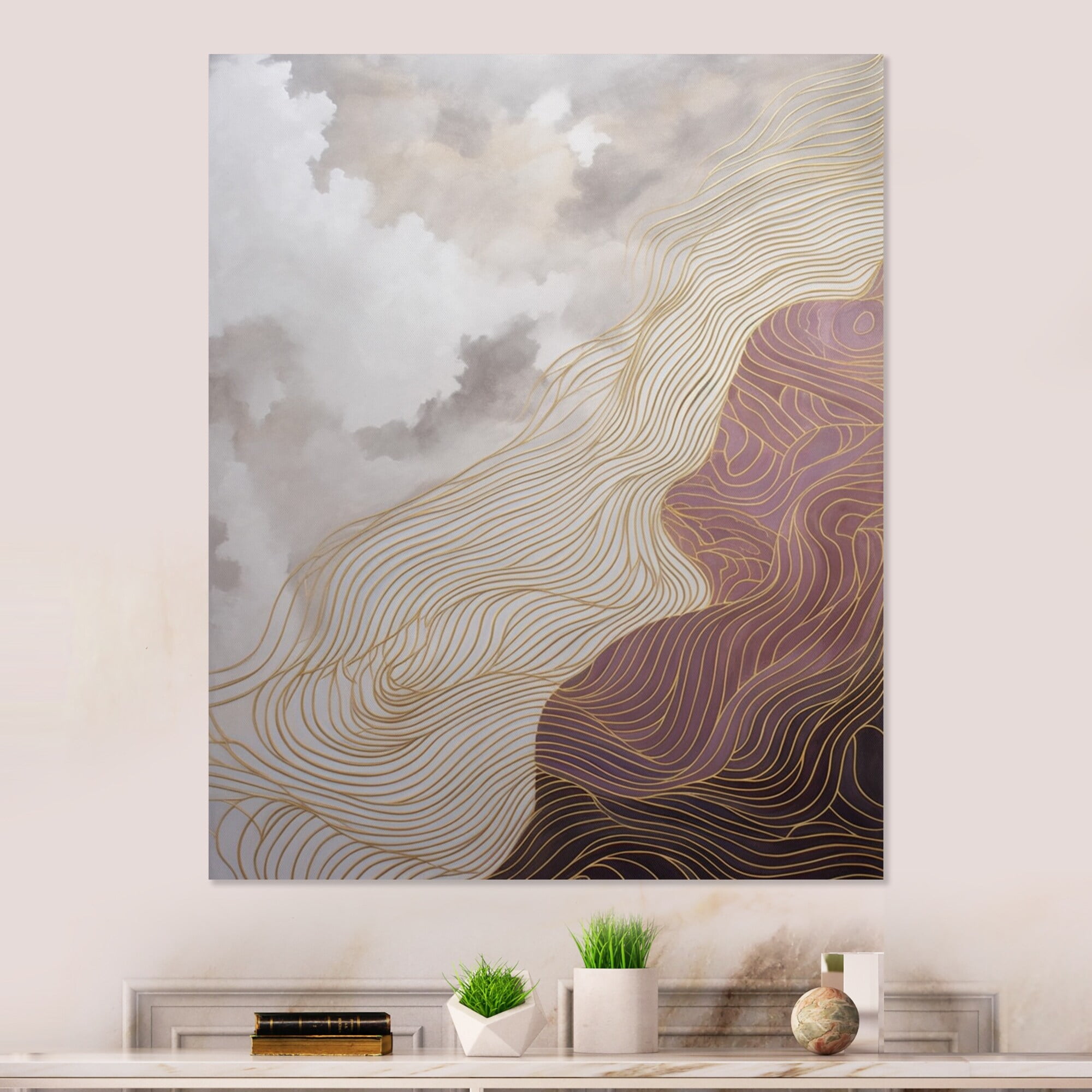 Designart "Dynamic Line Art Gold and Grey IV" Minimalism Line Art Metal ...