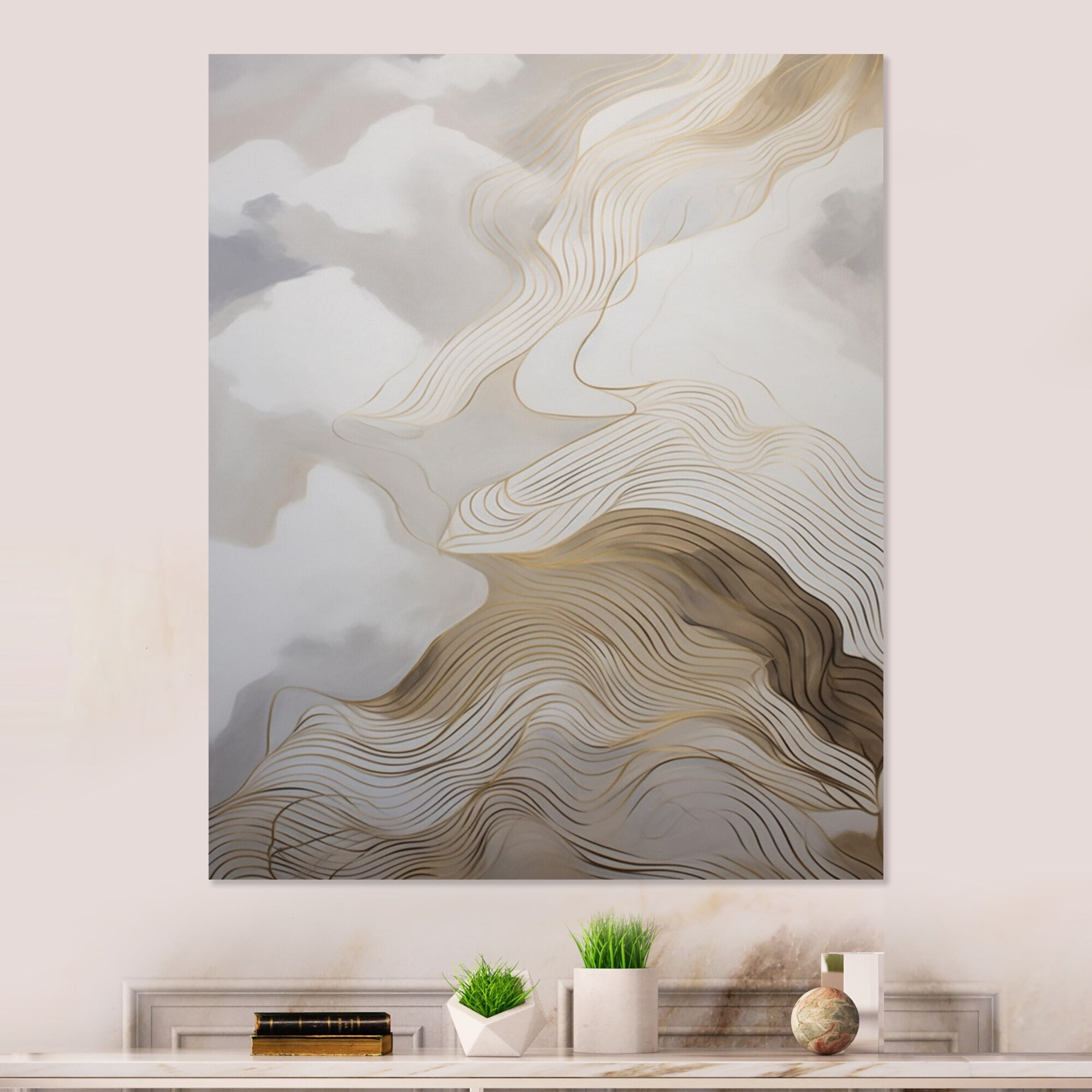 Designart "Dynamic Line Art Gold and Grey V" Minimalism Line Art Metal ...
