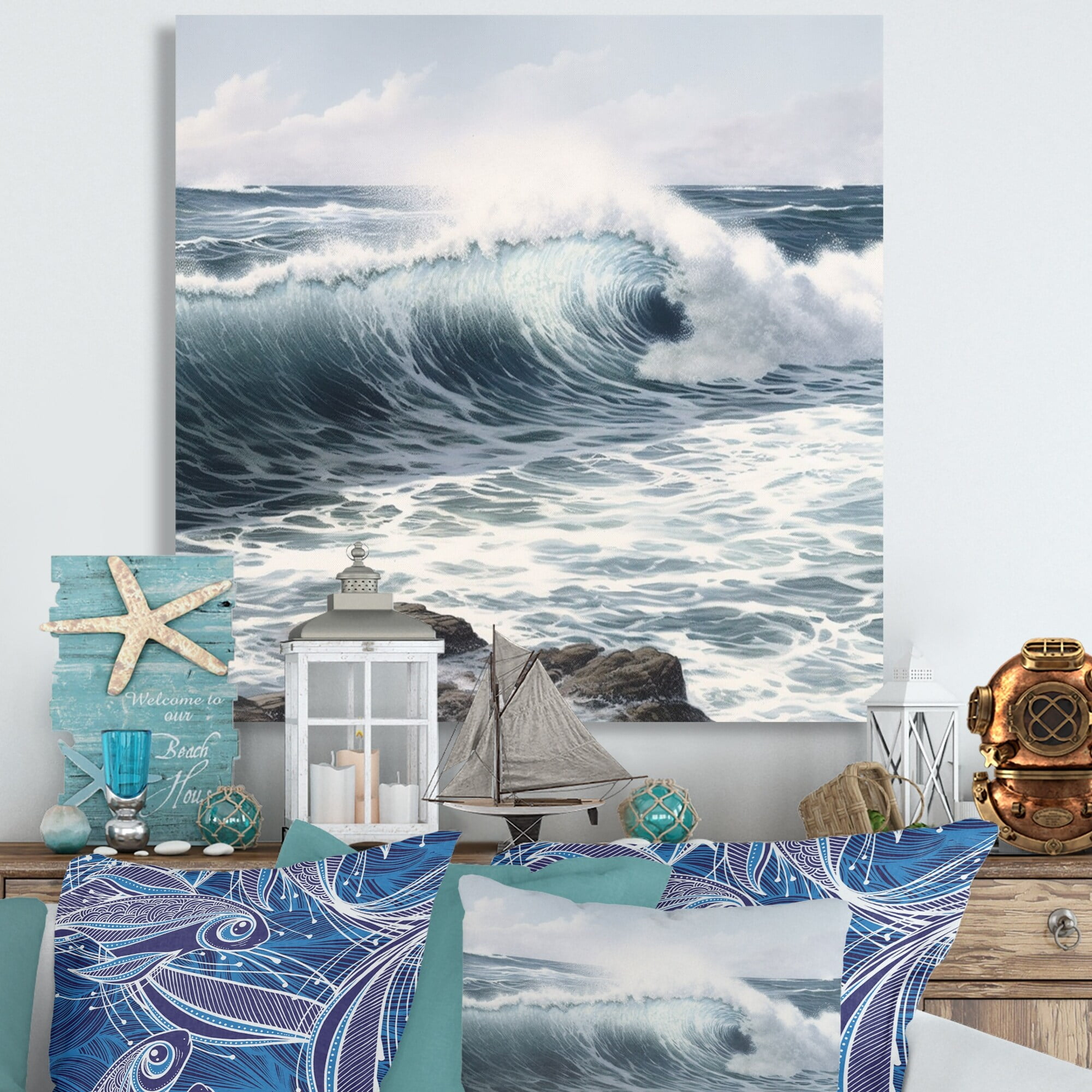 Designart "Dynamic Ocean Waves in Motion II" Modern Landscape Beach ...