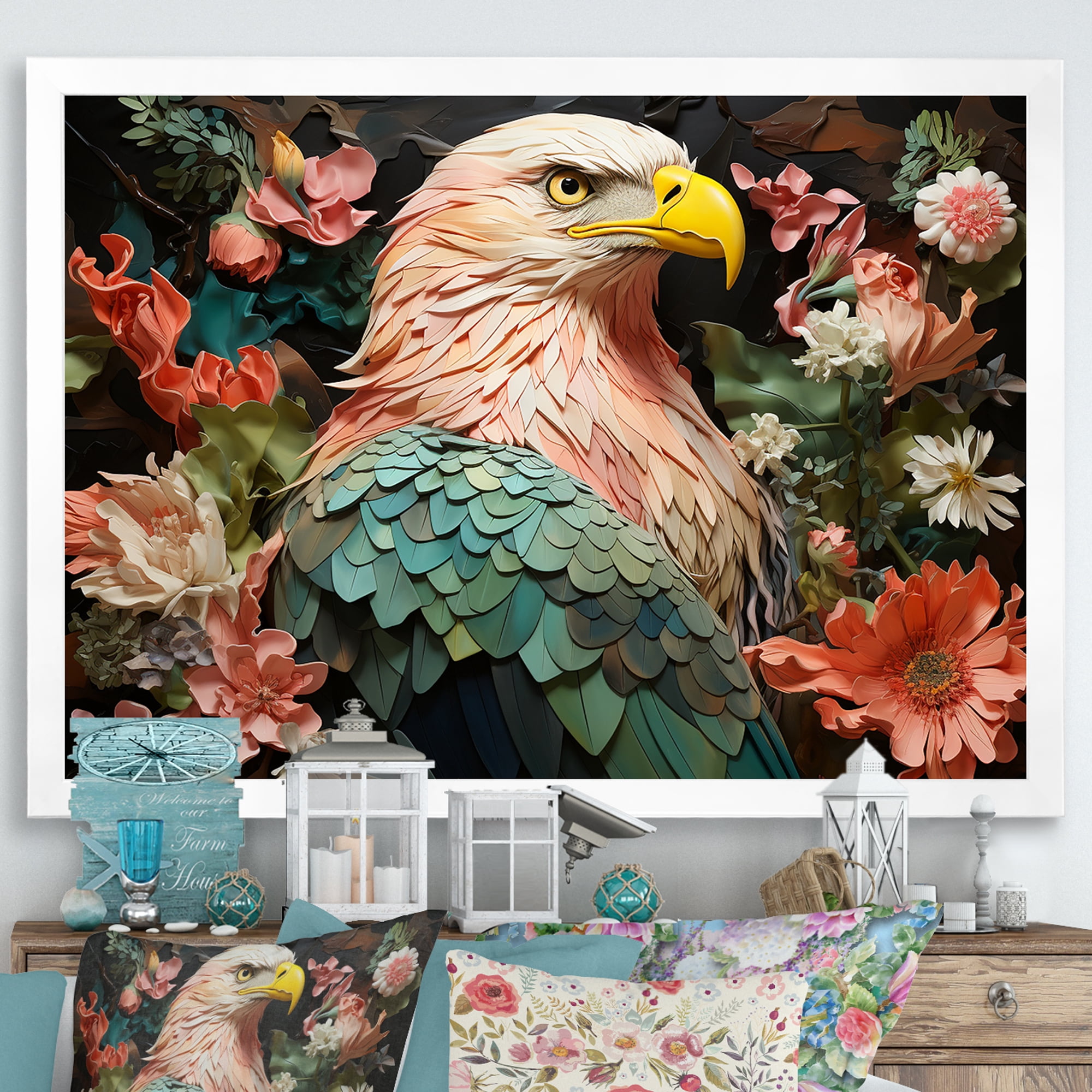 Designart "Eagle Portrait Pink and Vibrant" Animals Framed Wall Art ...