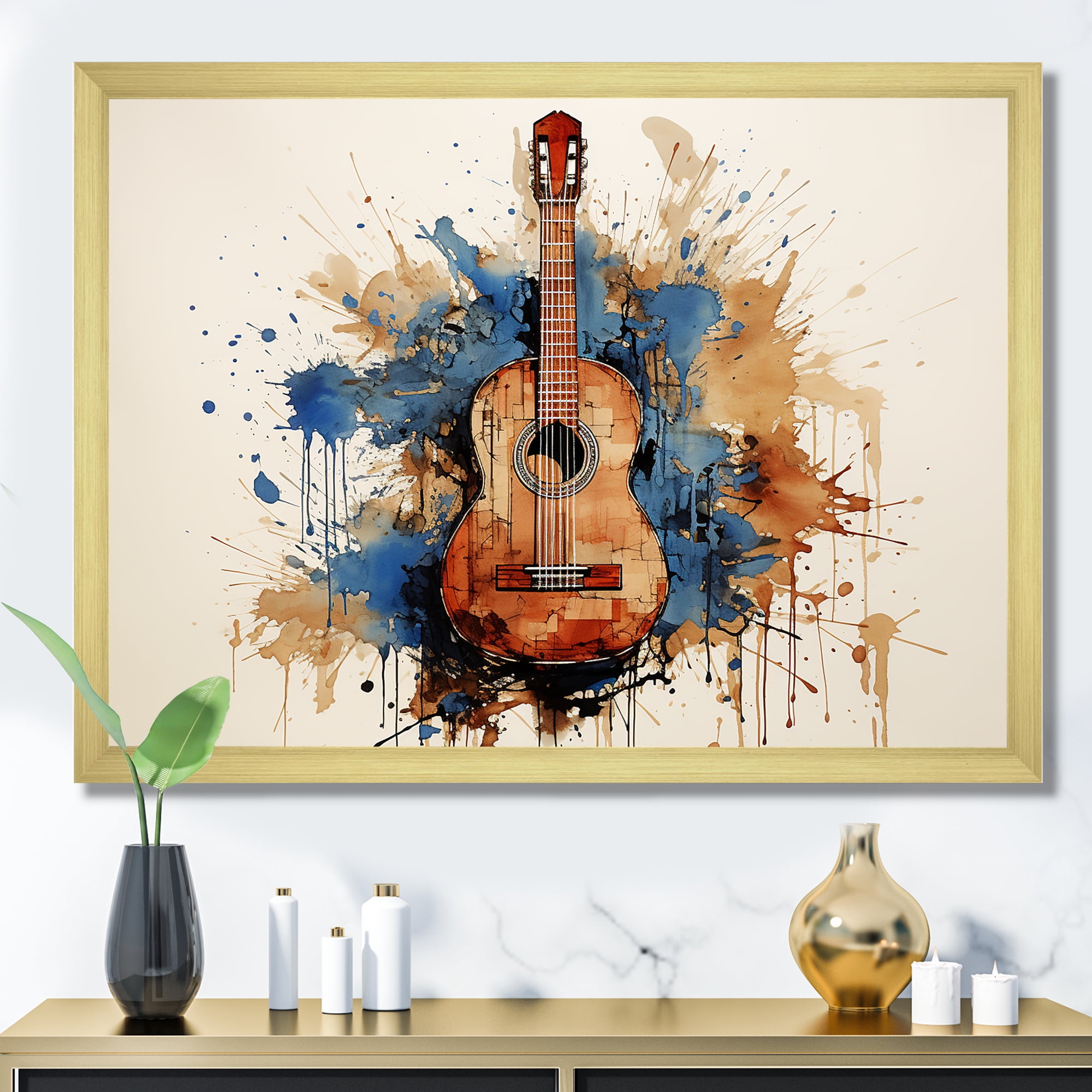 Designart "Earthy Melodies Brown Guitar Harmony" Entertainment Framed ...