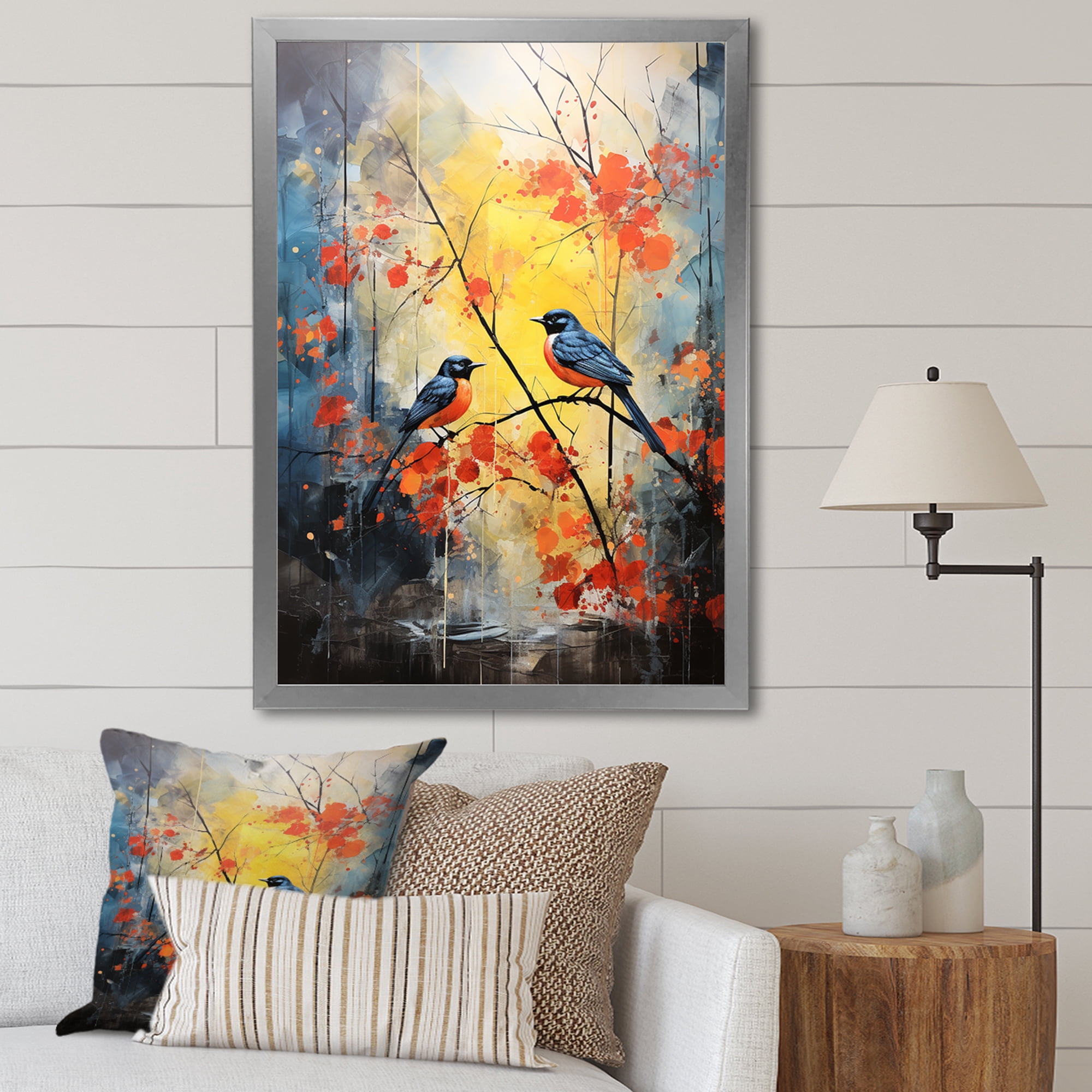 Designart "Eastern Bluebird in Blue and Yellow Forest" Animals Framed ...