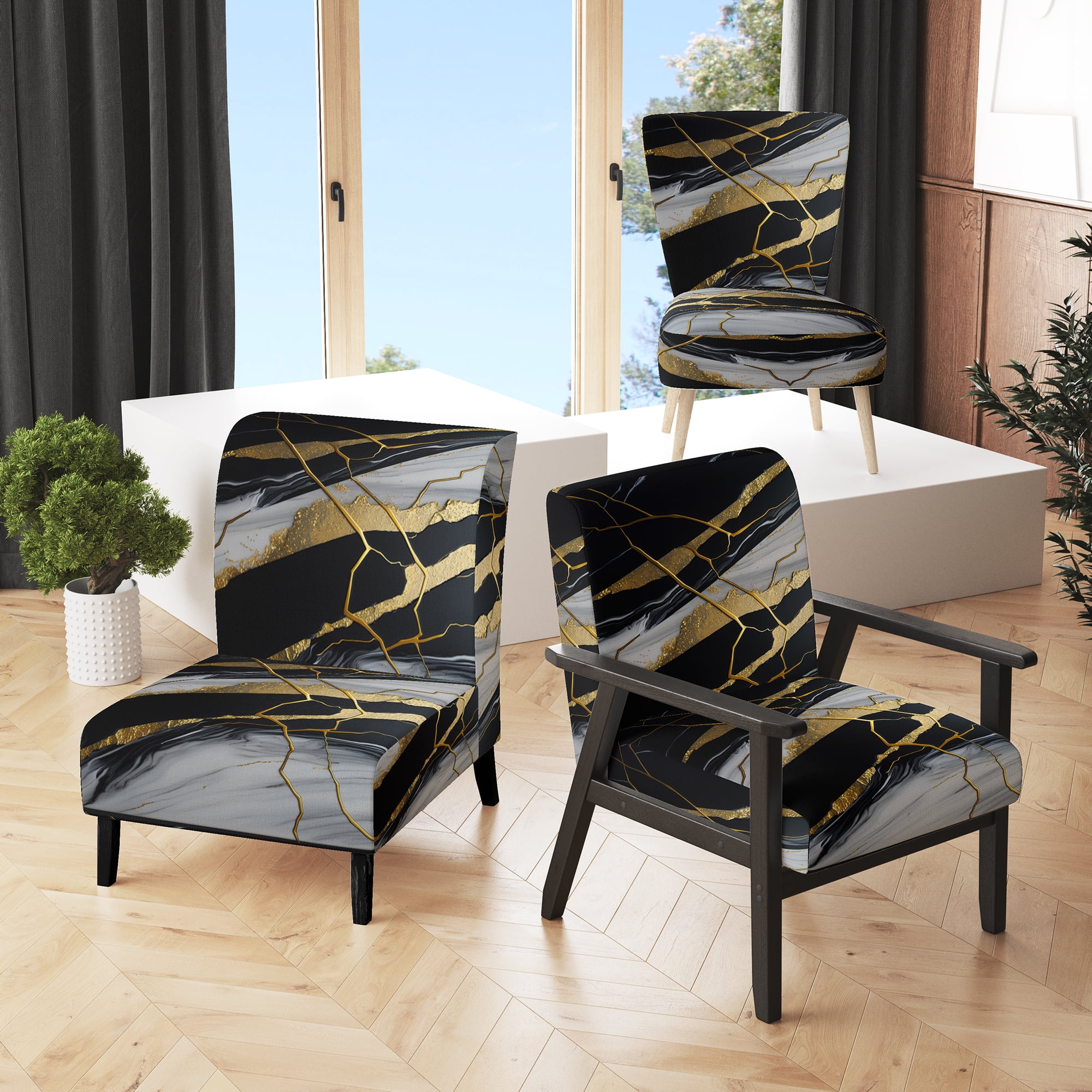 Designart "Ebony Geode Abstraction II" Black Marble Upholstered Accent ...