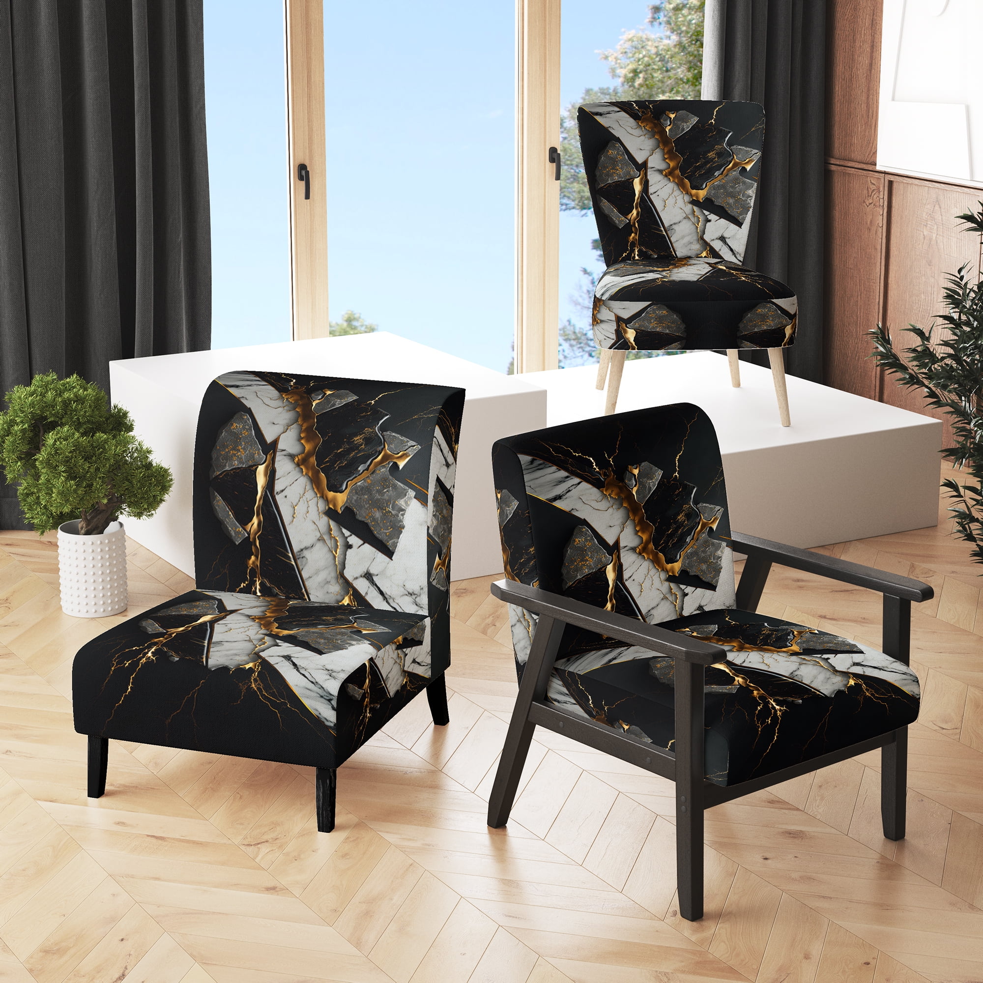 Designart "Ebony Geode Abstraction III" Black Marble Upholstered Accent ...