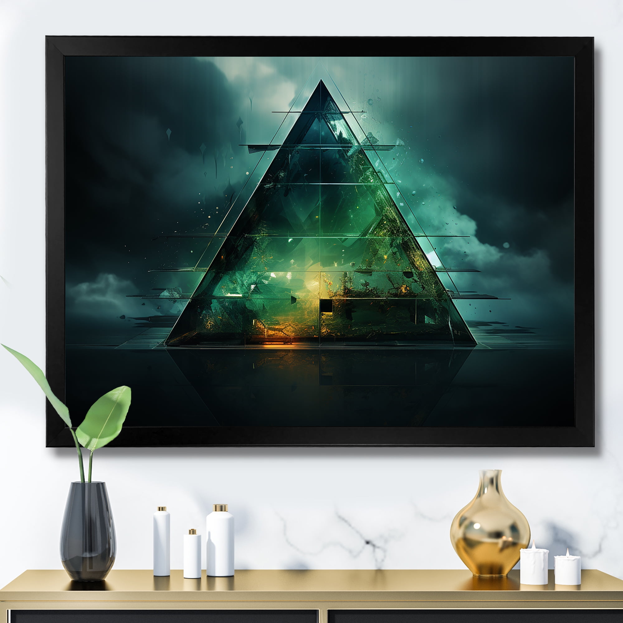 Designart "Echoes of Pyramid Green Abstract Harmony II" Abstract Framed Wall Art Decor - Modern ...
