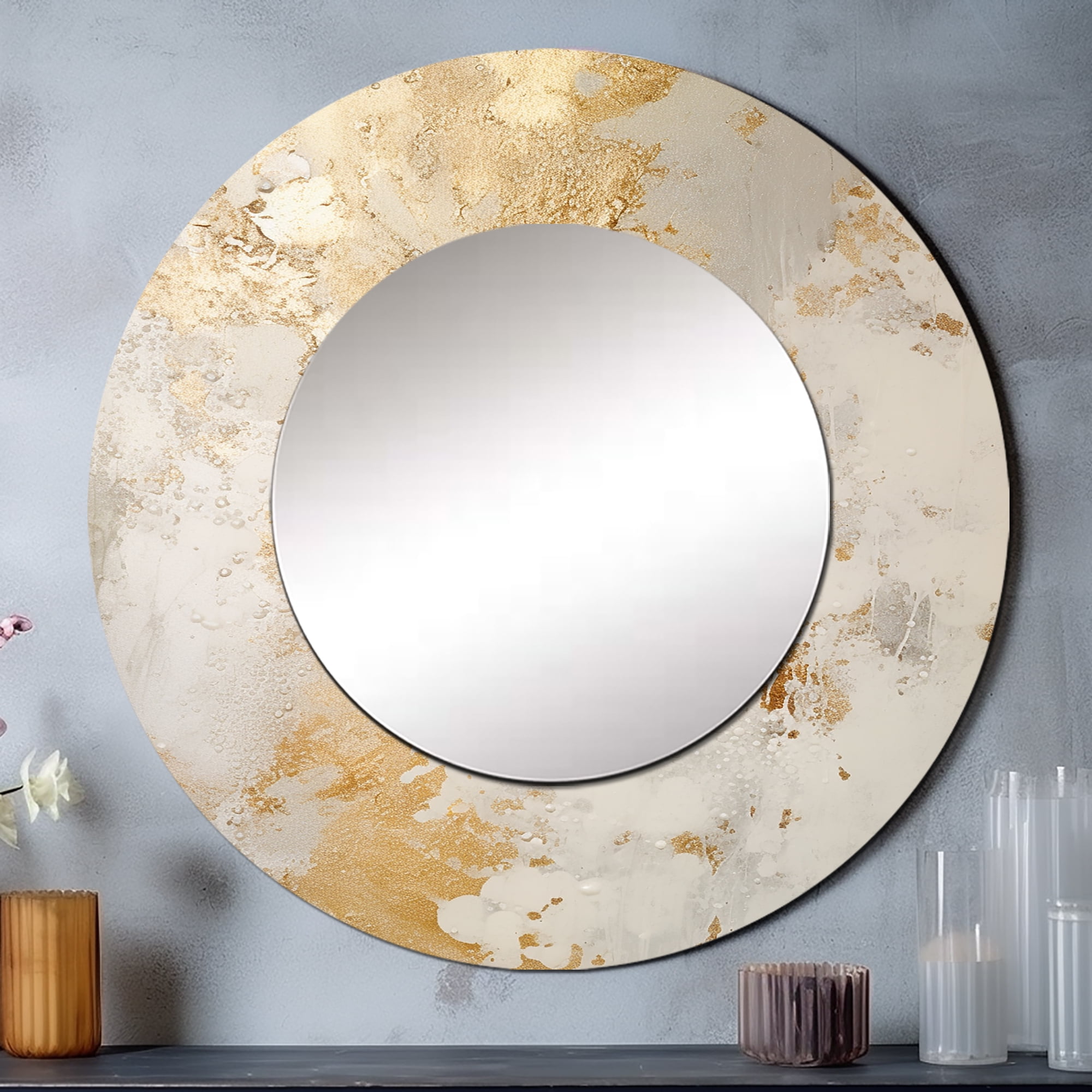 Designart "Effervescent Beige And Gold Imaginings" Abstract Rund Mirror ...