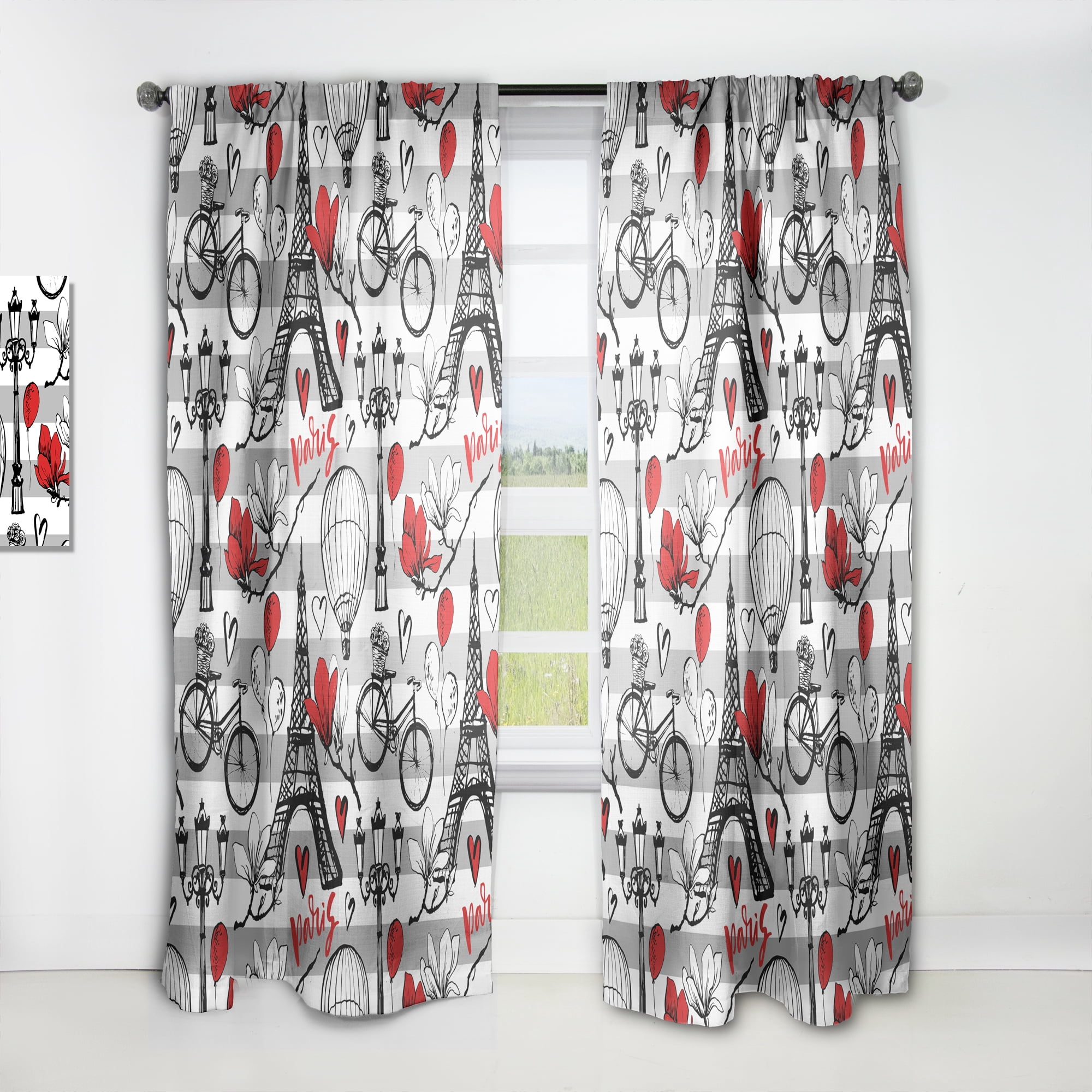 Designart 'Eiffel Tower Paris Red Hearts II' Mid-Century Modern Curtain ...