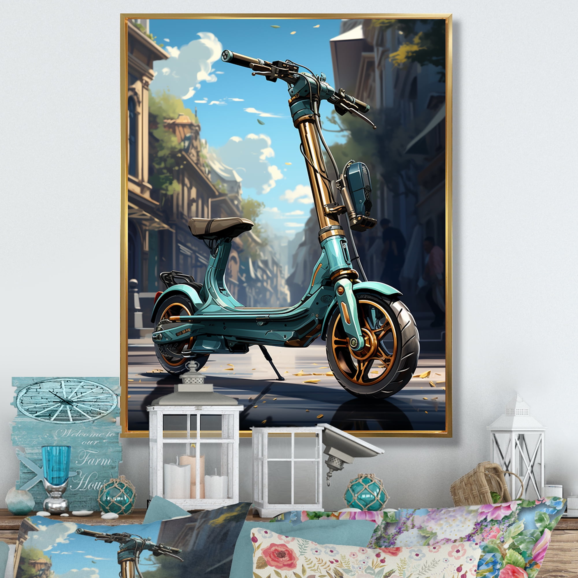 Designart "Electric Glide Turquoise Gold Scooter" Scooter Floater ...