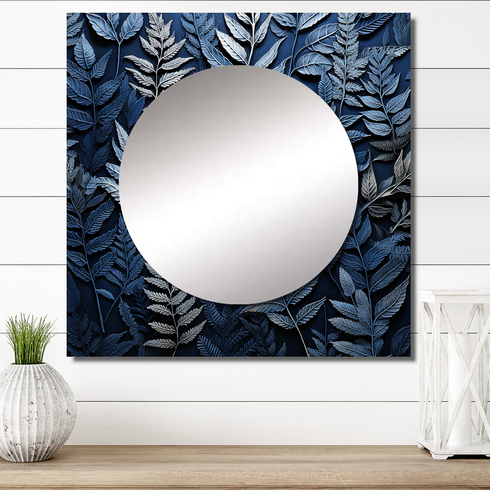 Designart "Elegance Amidst Blue Ferns V" Ferns Blue Large Square Mirror ...