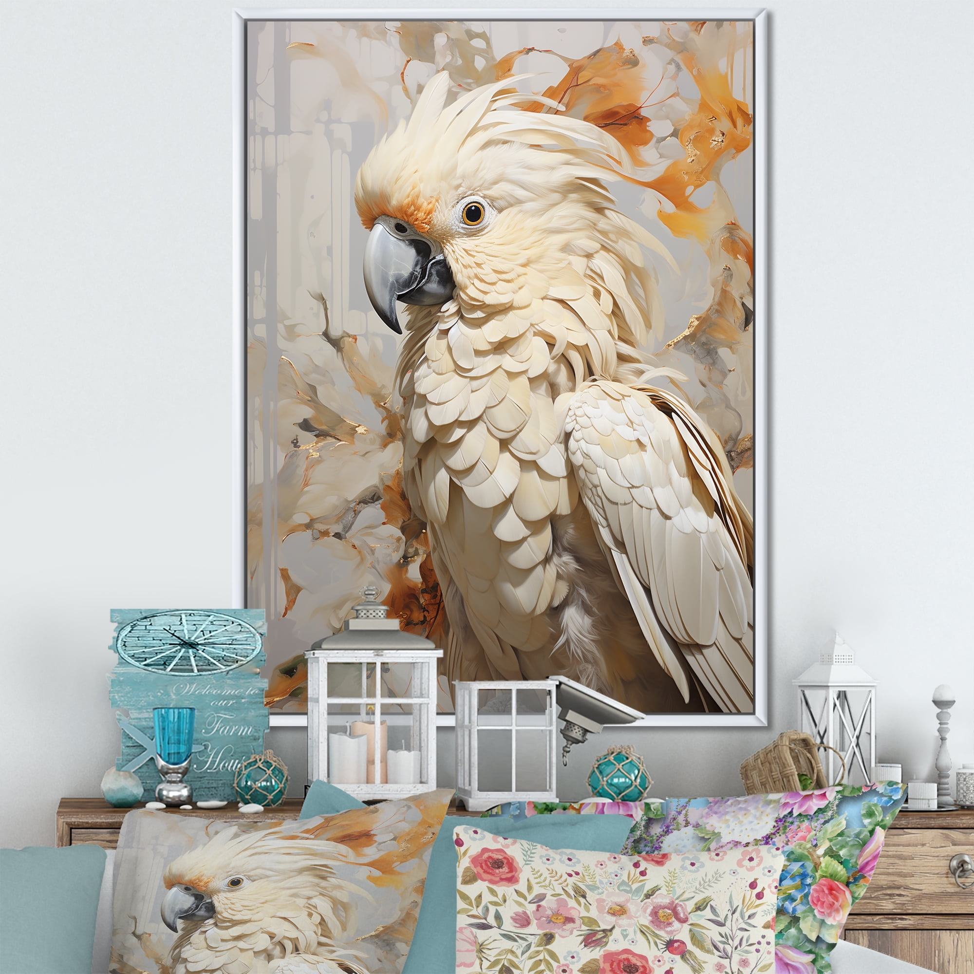 Designart "Elegance In Beige Parrot Feathers II" Parrot Floater Framed ...