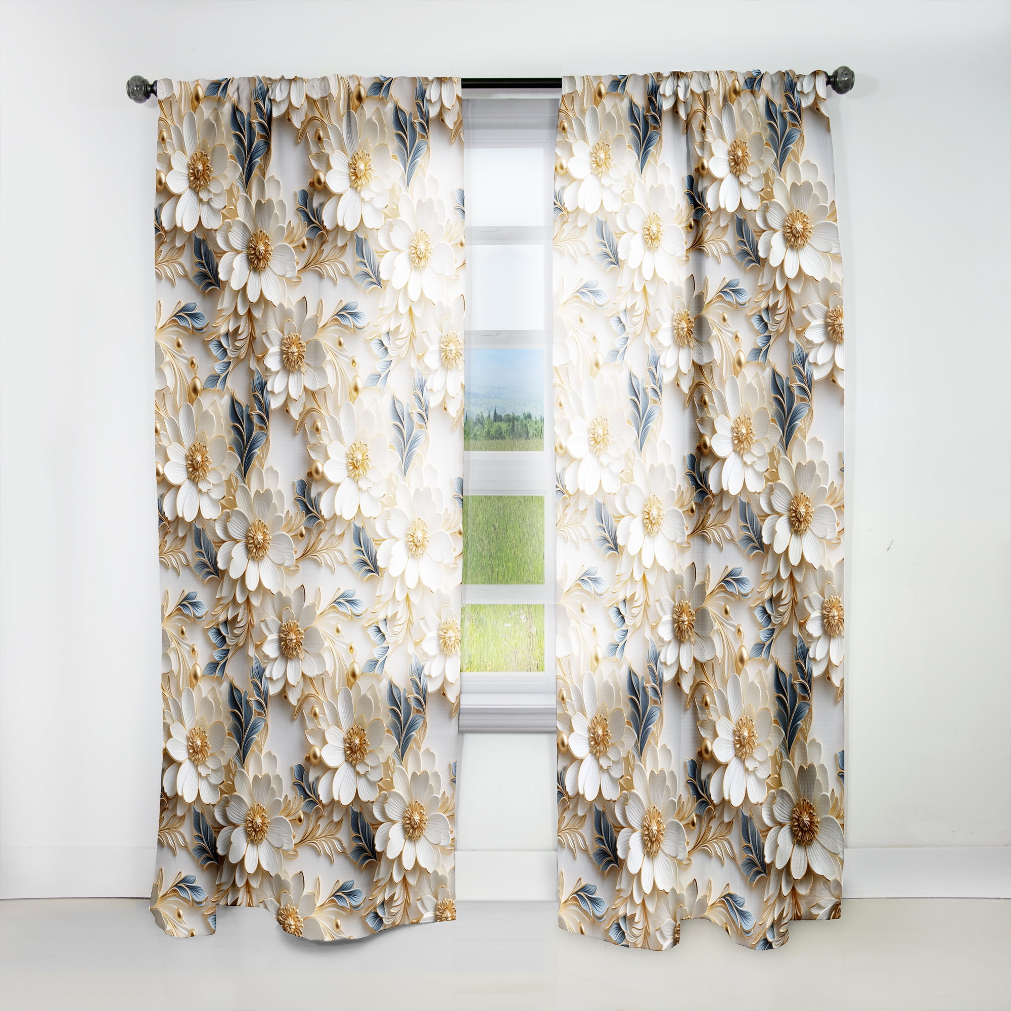 Designart "Elegance In Golden Blue & White" Marble Curtain Panels ...