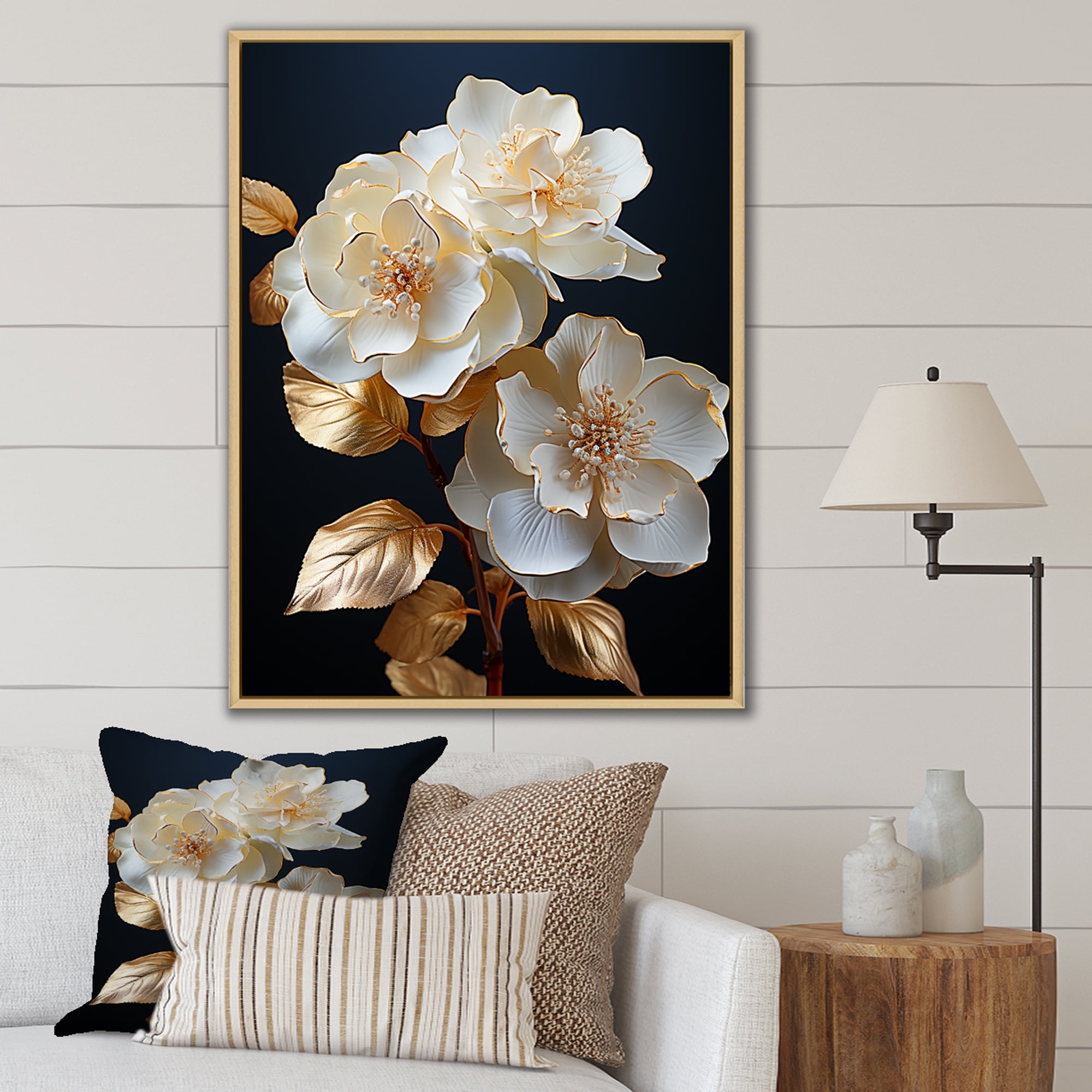 Designart "Elegance In White And Gold Hydrangea III" Hydrangea Floater ...