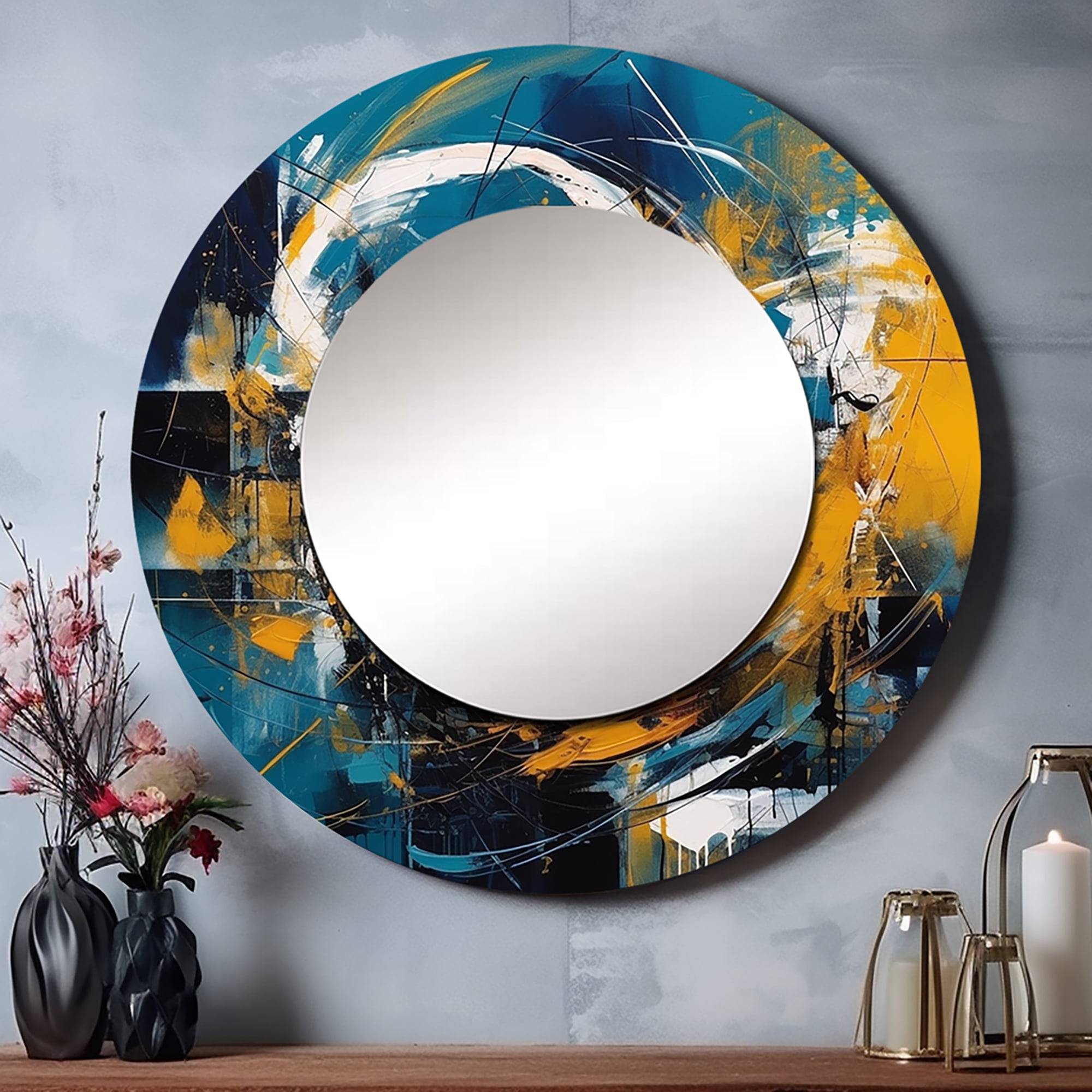 Designart "Elegance Of Marble Blue and Yellow I" Abstract Marble Round ...