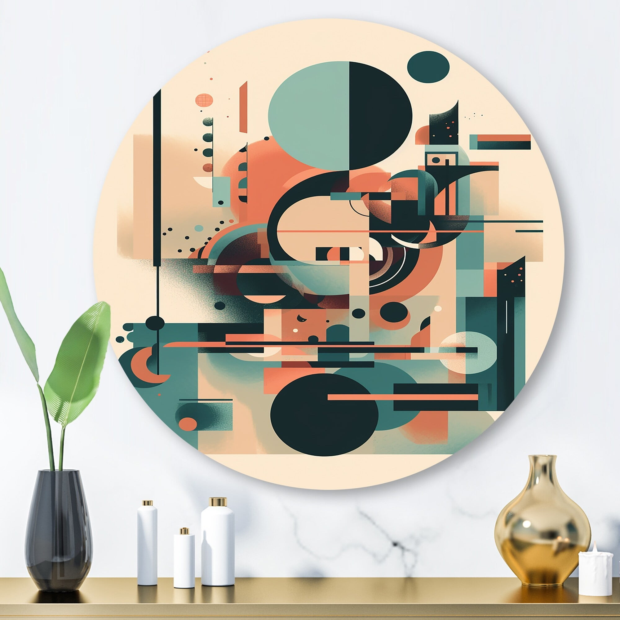 Designart "Elegance and Curve in Green Peach II" Minimalism Metal Round ...