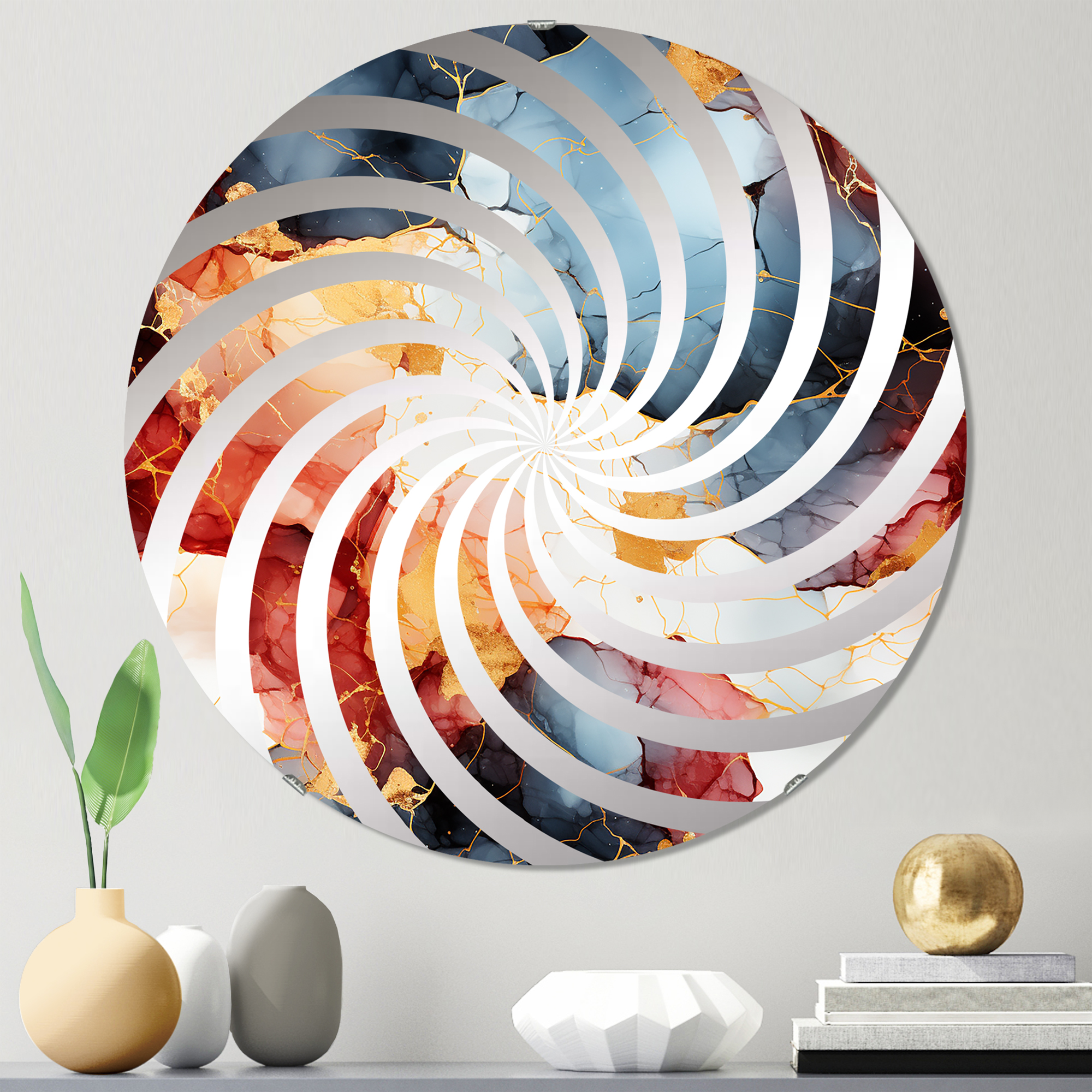 Designart "Elegance in Blue and Red Marble I" Marble Vortex Round Wall ...