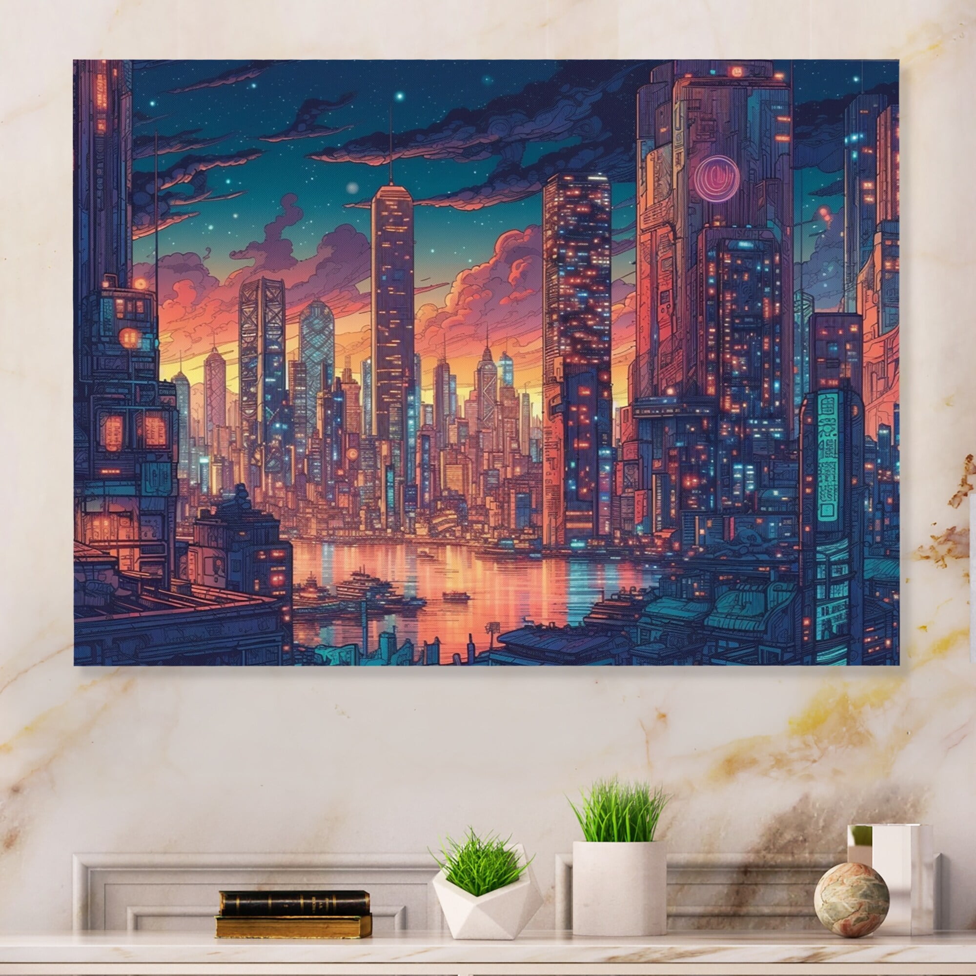 Designart "Elegance in Expanse in Blue and Pink" City Art Deco Metal ...