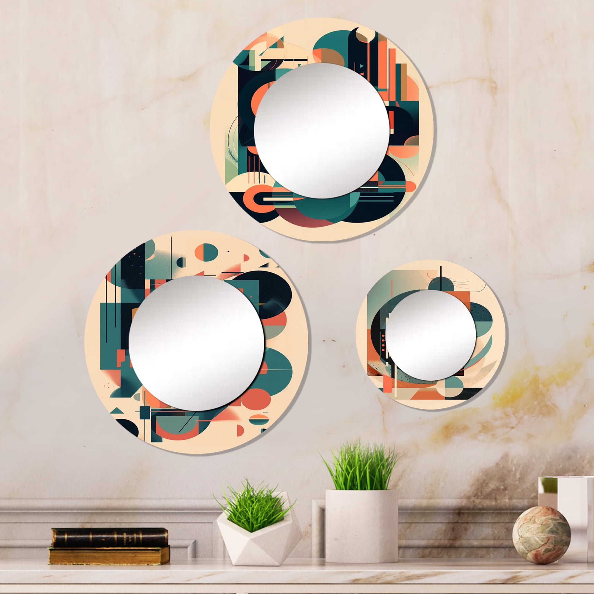 Designart "Elegance in Green Peach III" Minimalism Round Mirror Set Of ...