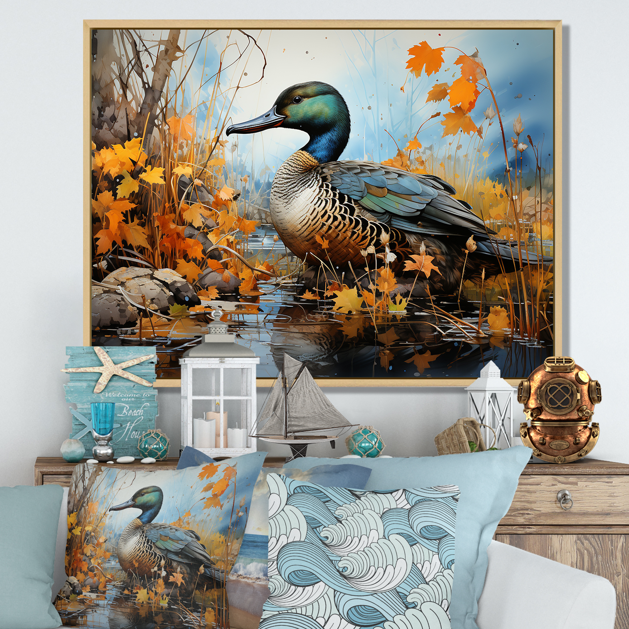 Designart "Elegance of Baroque Blue Duck IV" Animals Framed Wall Art ...
