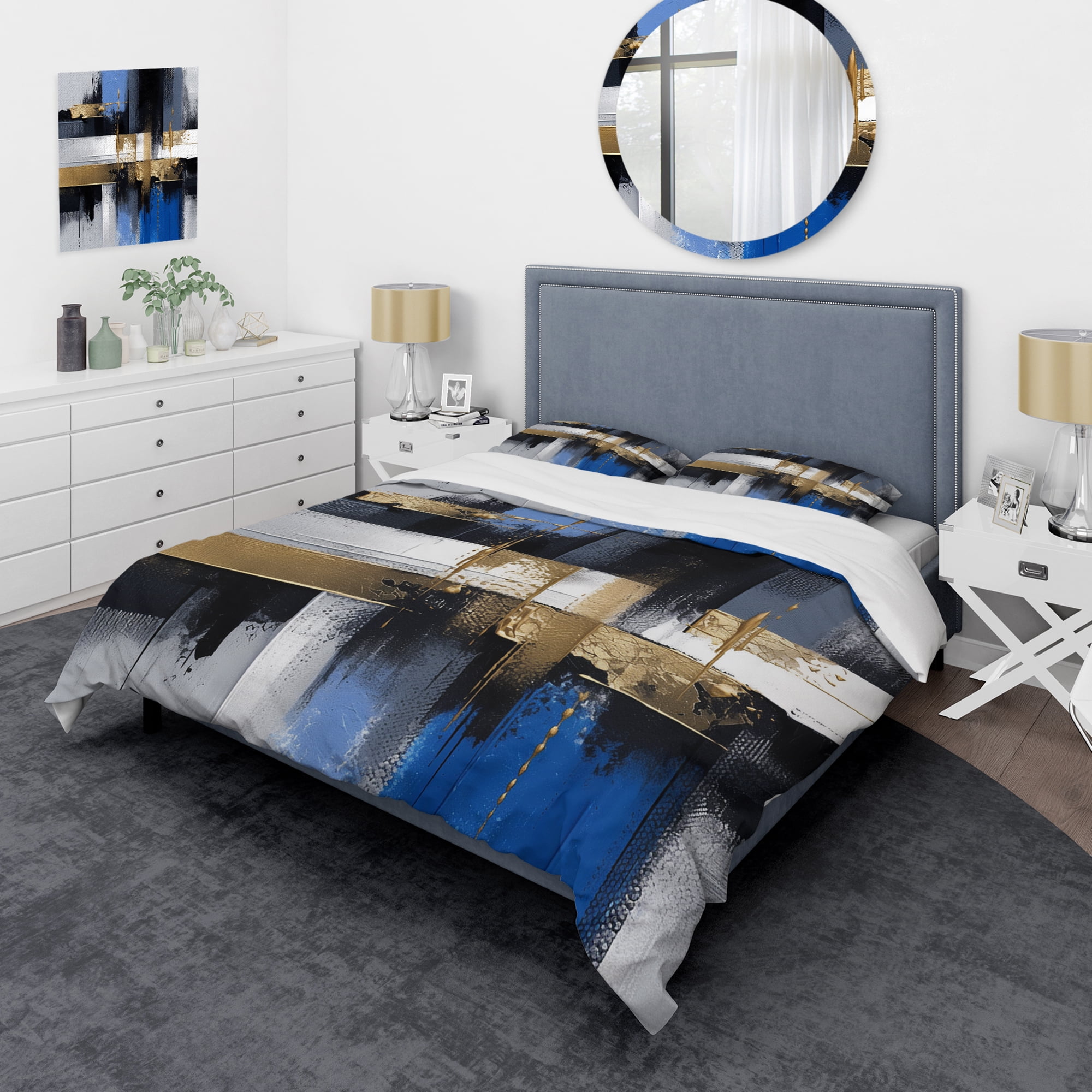 Designart "Elegance of Gold and Blue Paint III" Abstract Bedding Covert ...