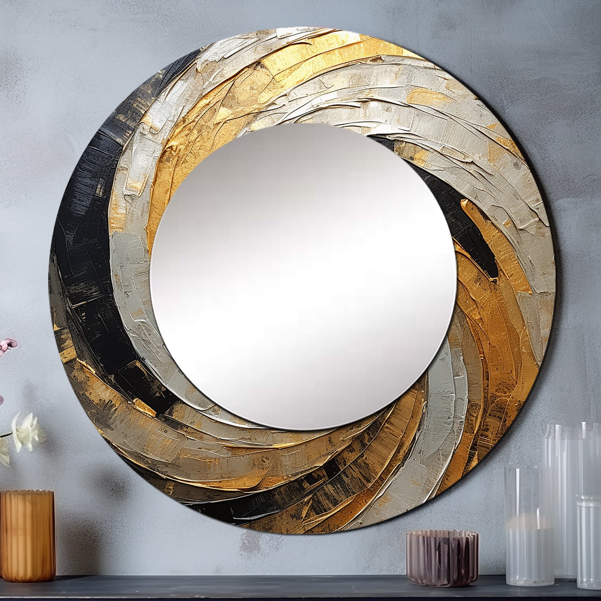 Designart "Elegant Black Pottery Spirals" Abstract Spirals Rund Mirror ...