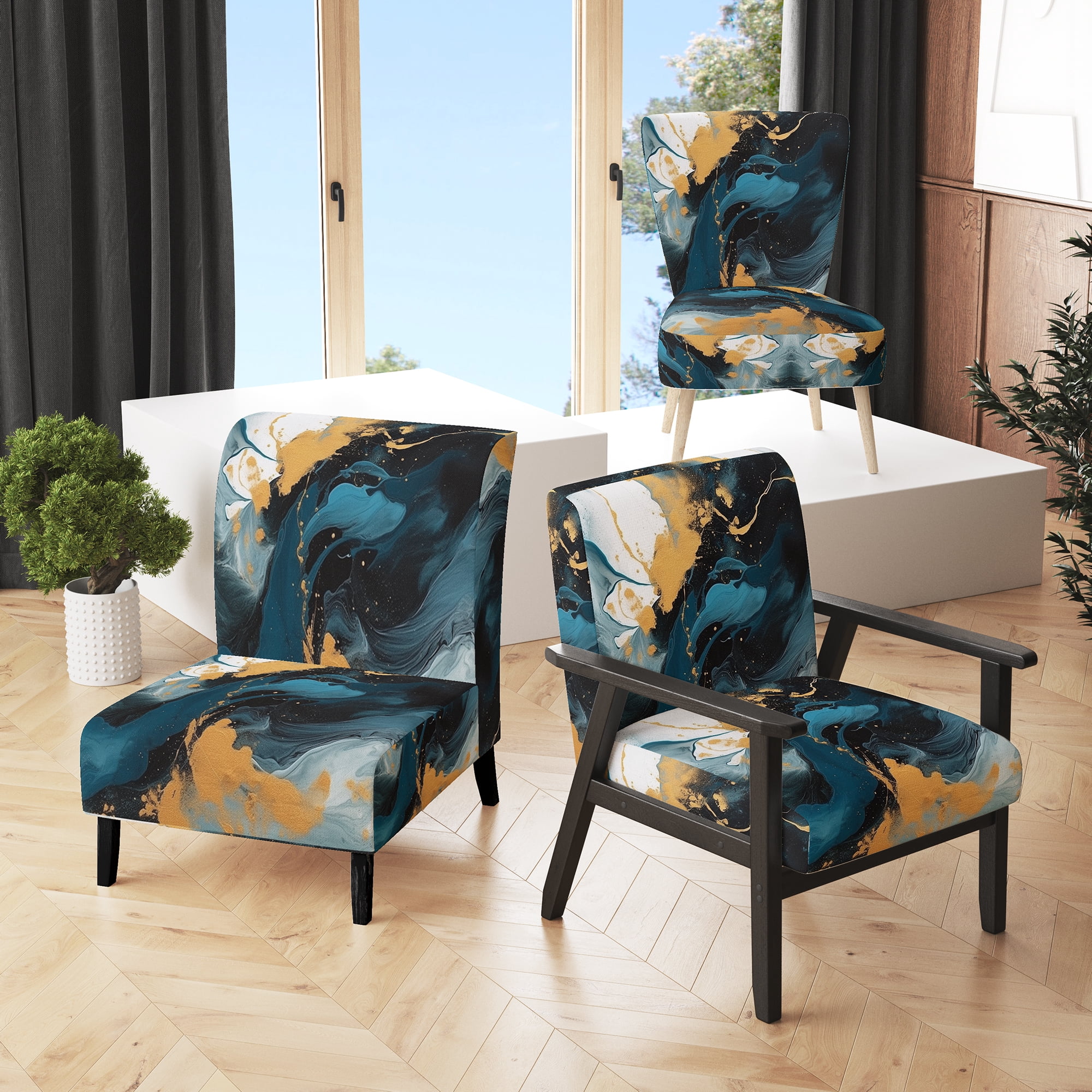 Designart "Elegant Dark Blue and Gold Strokes XI" Blue Fractals ...