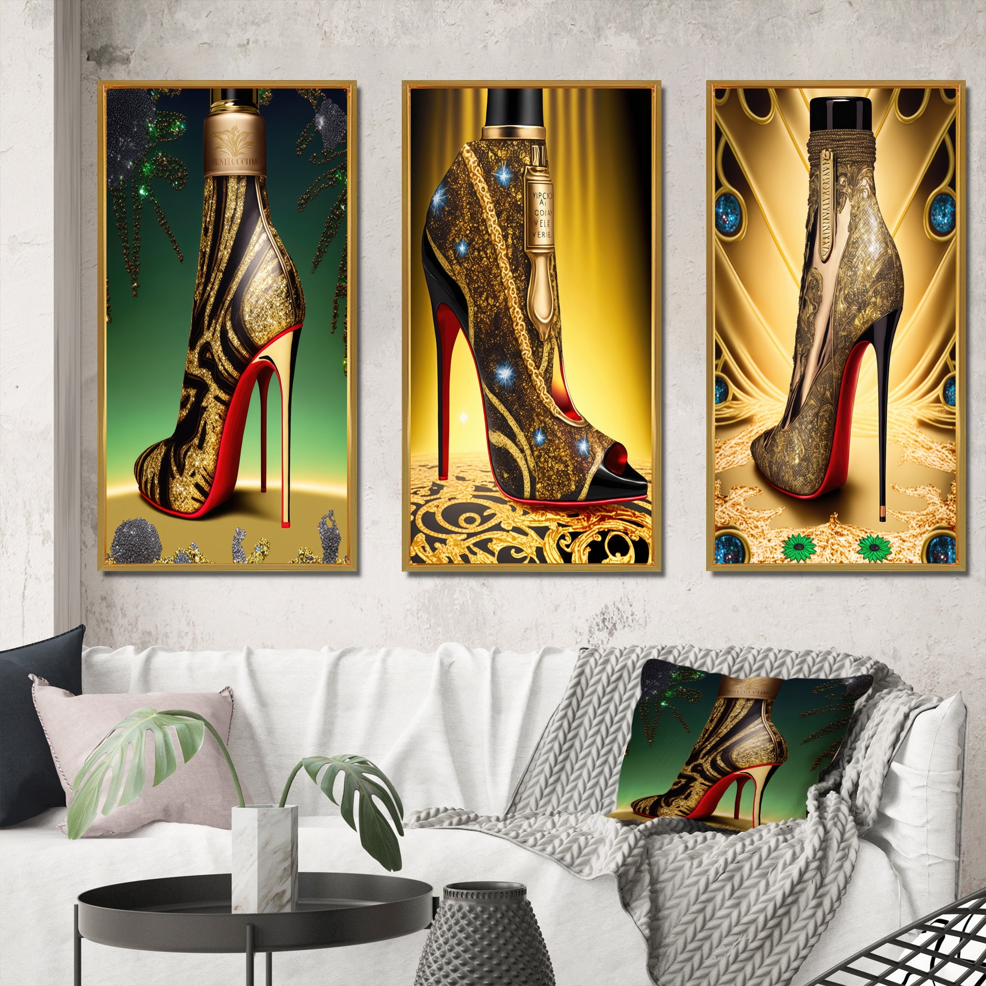 Designart "Elegant High Heel in Black and Gold II" Fashion Framed Wall ...