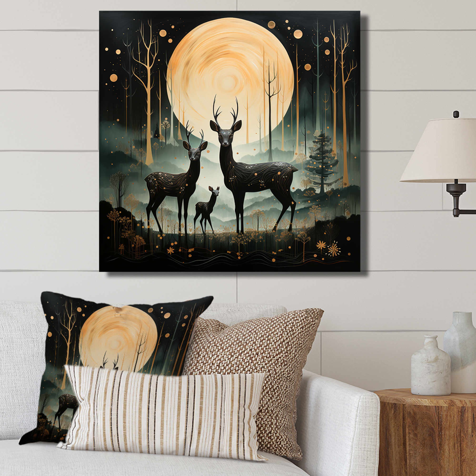 Designart "Elegant Night Deer Family" Animals Wall Art - Modern White ...