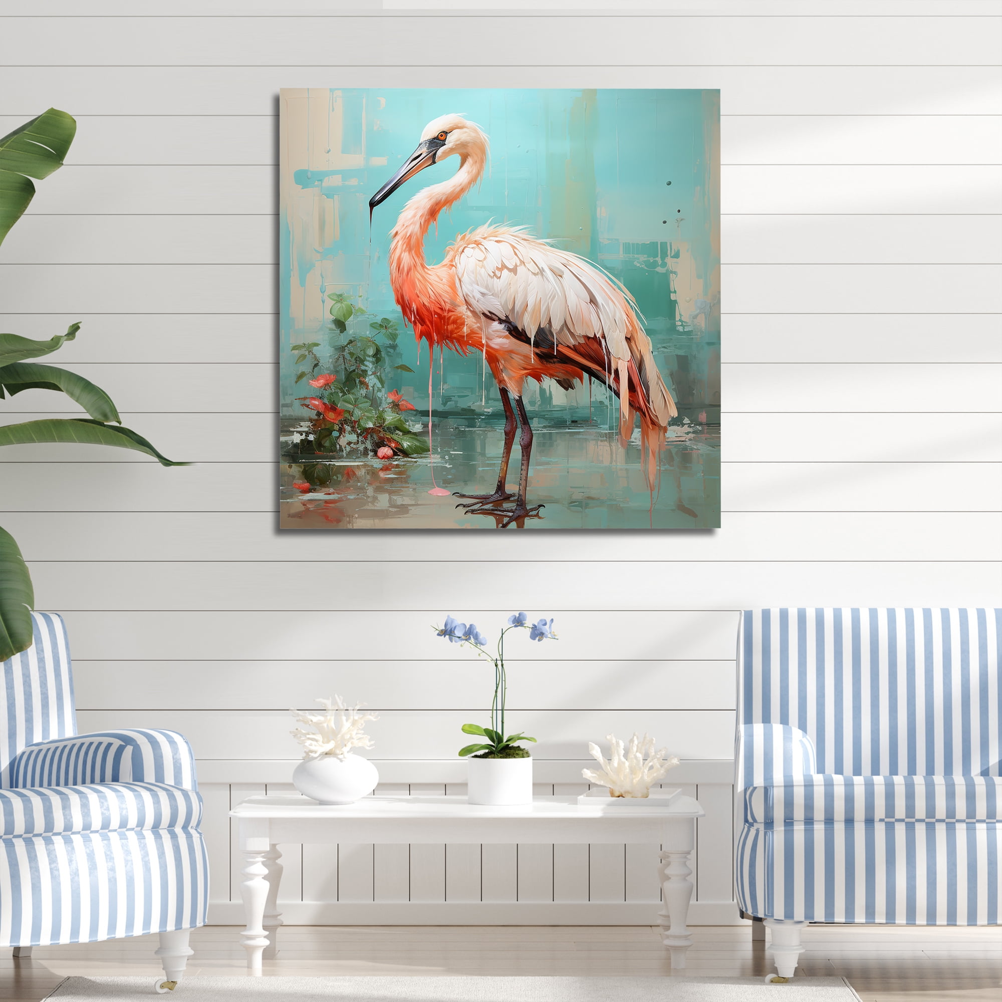 Designart "Elegant Pink and Green Flamingo II" Animals Wall Art ...
