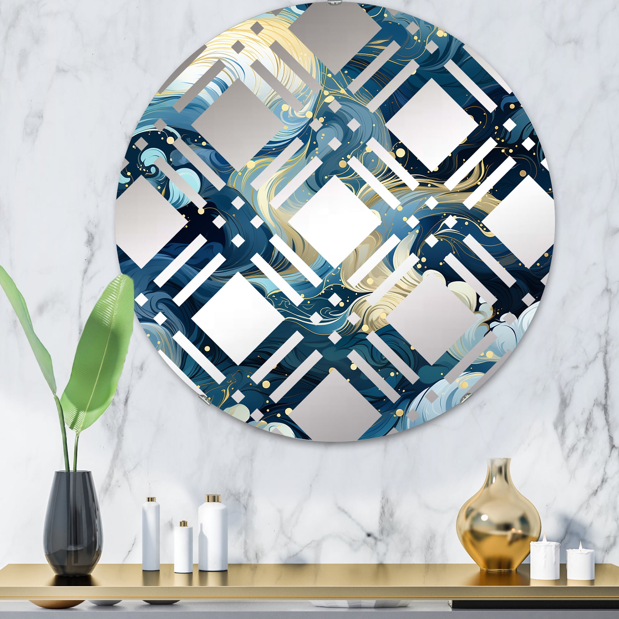 Designart "Elegant Whirls in White Cosmic Marble I" Marble Plaid Round ...