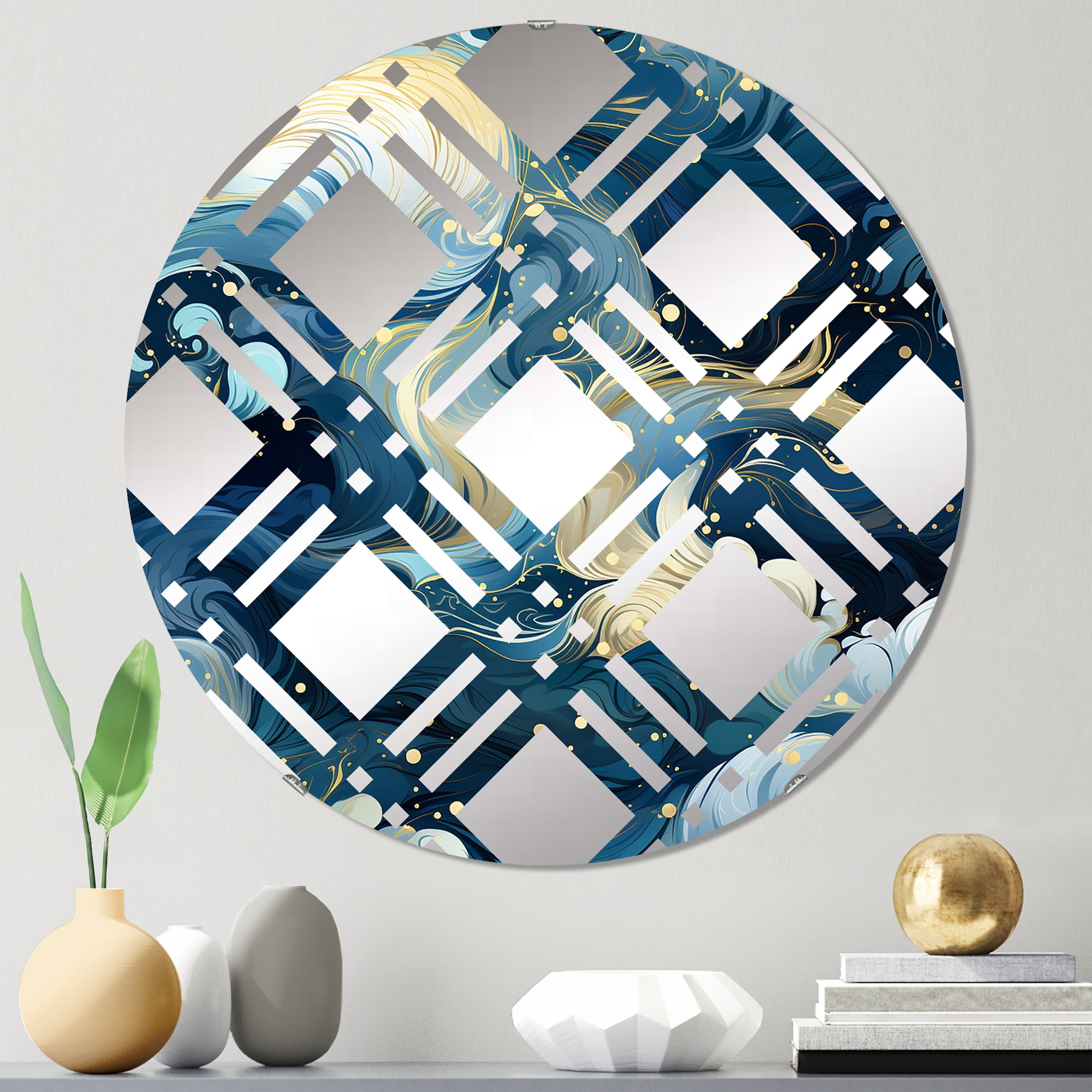 Designart "Elegant Whirls in White Cosmic Marble I" Marble Plaid Round ...