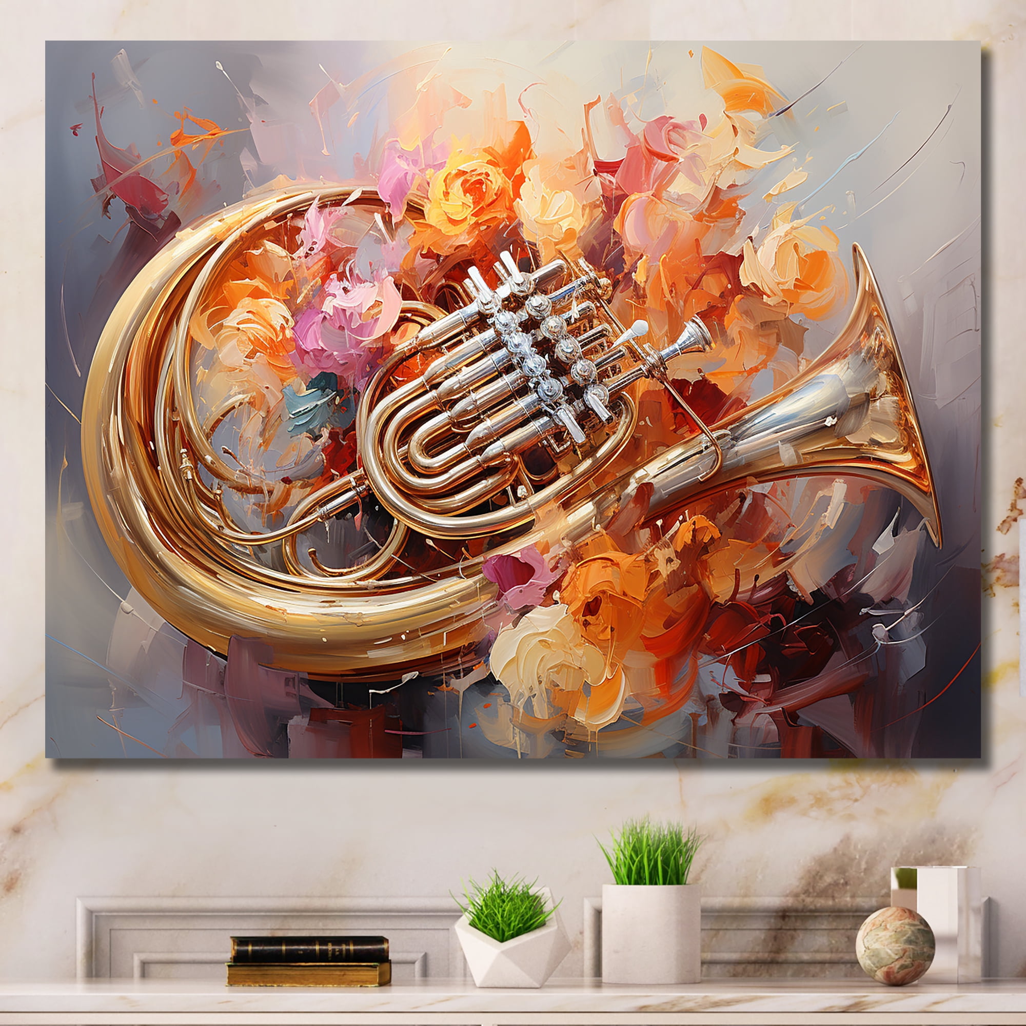 Designart "Embracing Harmony Tubas' Golden Arc I" Entertainment Wall ...