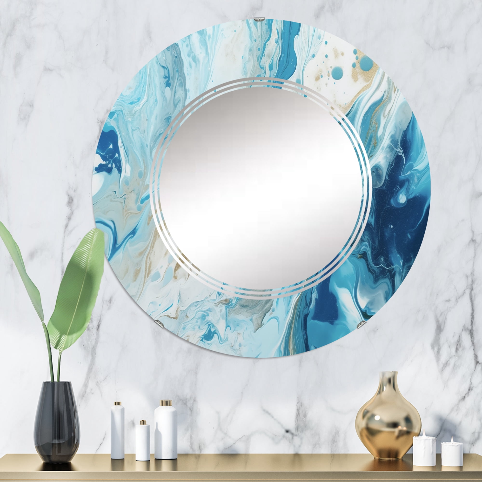 Designart "Embracing the Unknown in Blue and White III" Abstract Round ...
