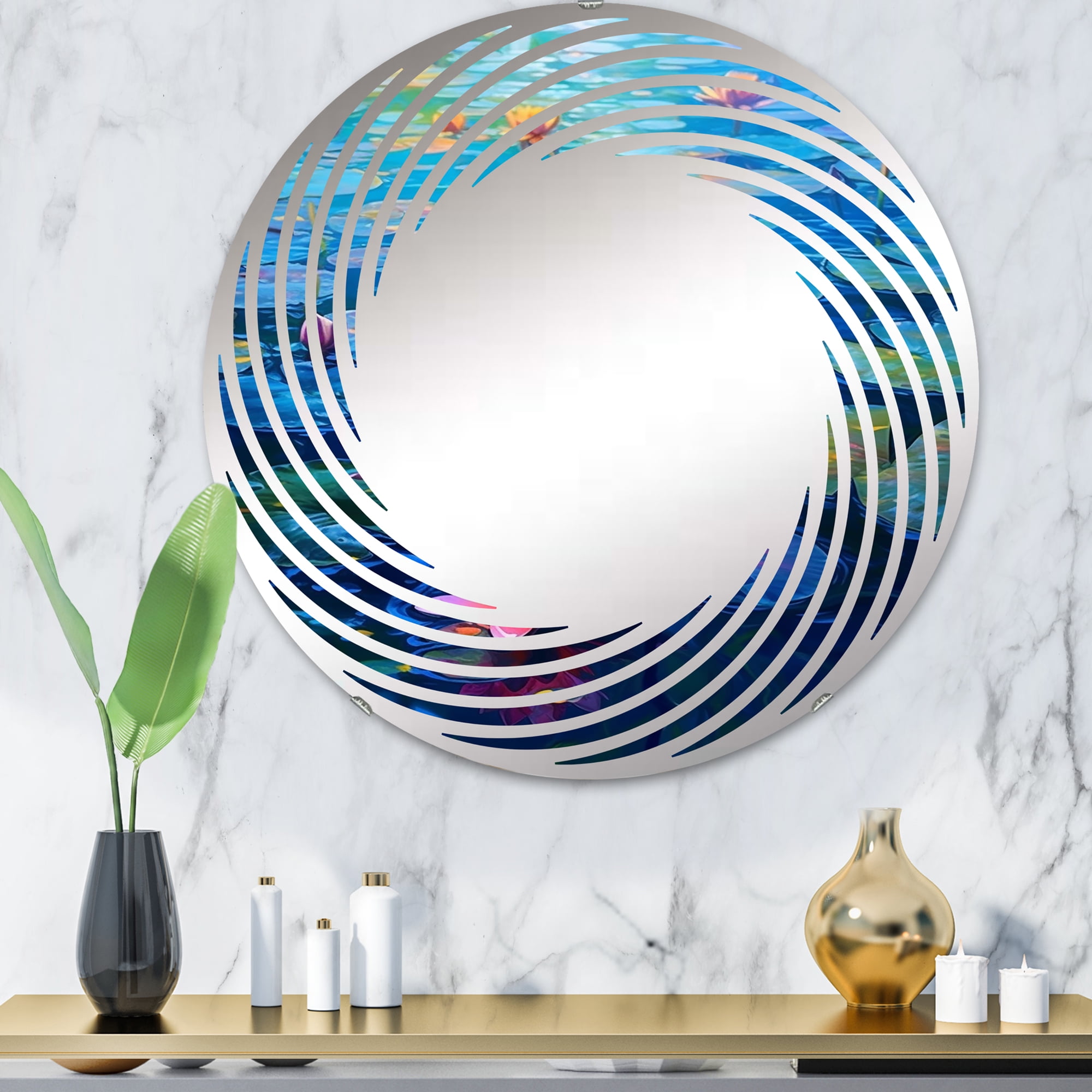 Designart "Embracing the Water Lily" Lilies Spiral Round Wall Mirror ...