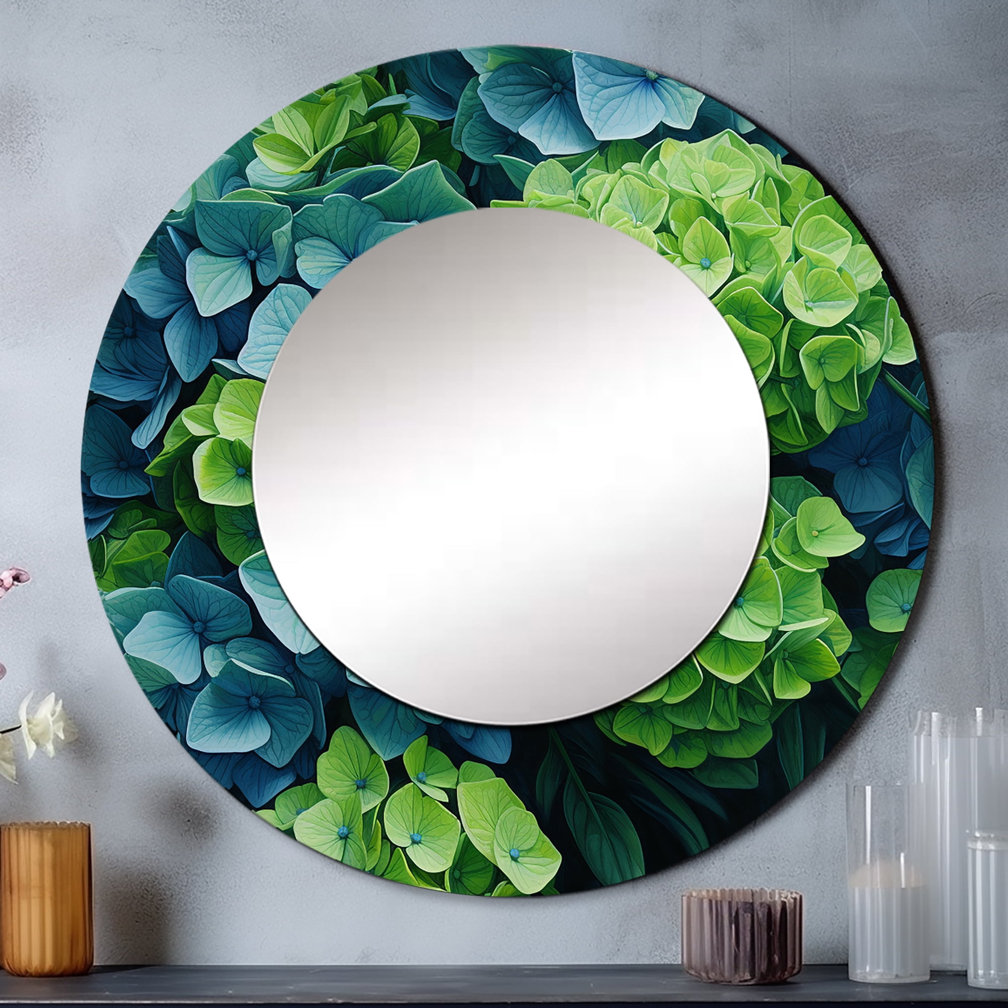 Designart "Emerald Blooms Green Blue Hydrangea" Hydrangea Round Mirror ...