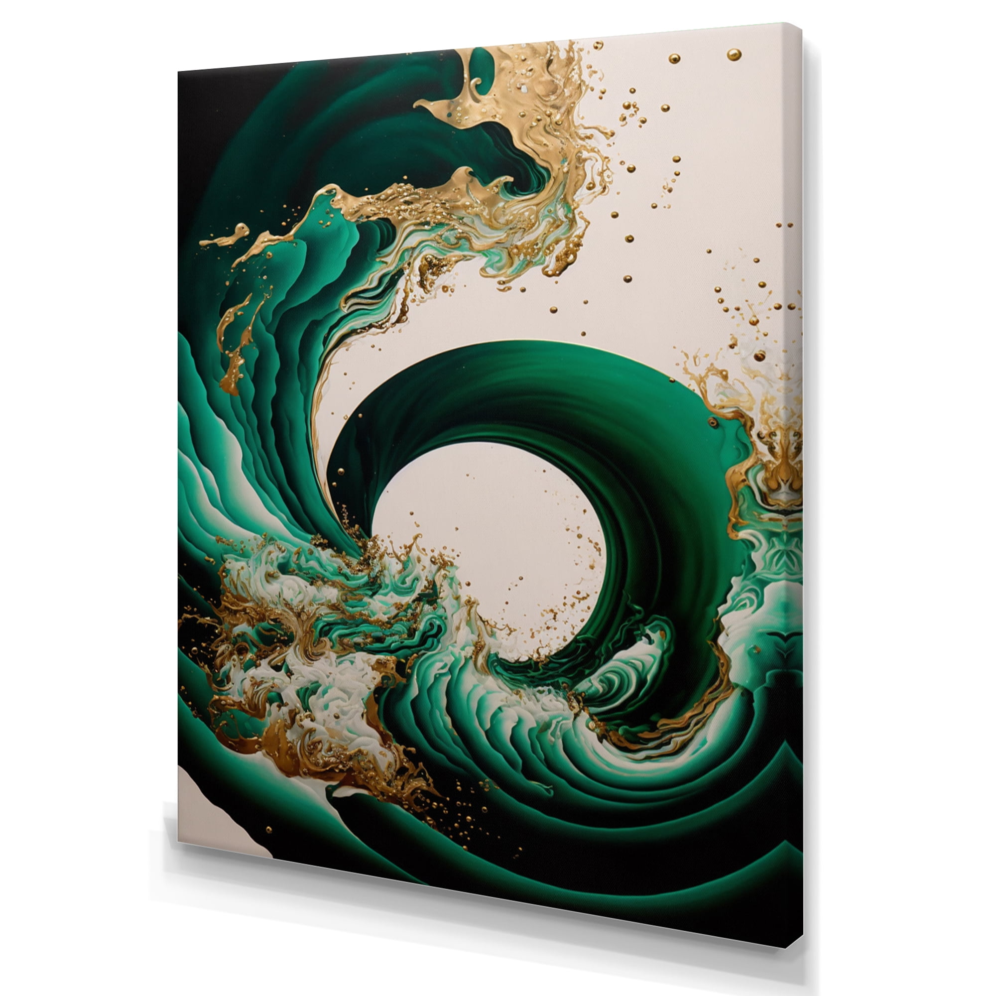 Designart Emerald Green And Gold Abstract Waves IV Canvas Wall Art ...