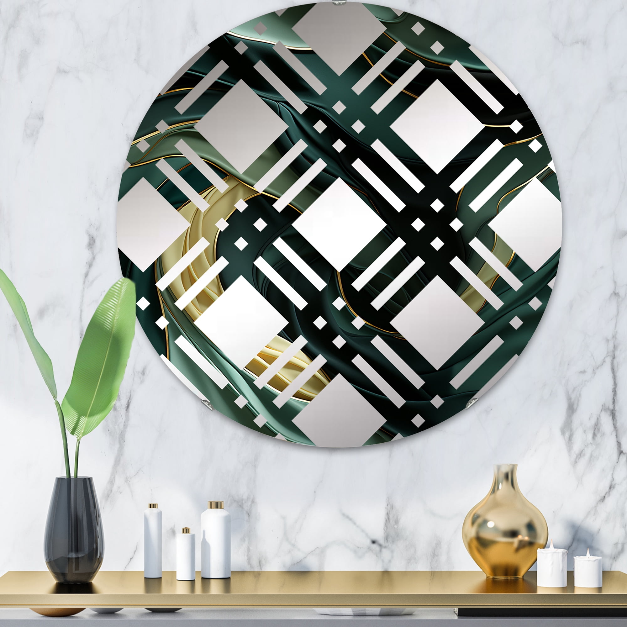 Designart "Emerald Luxury in Gold Marble II" Marble Plaid Round Wall ...