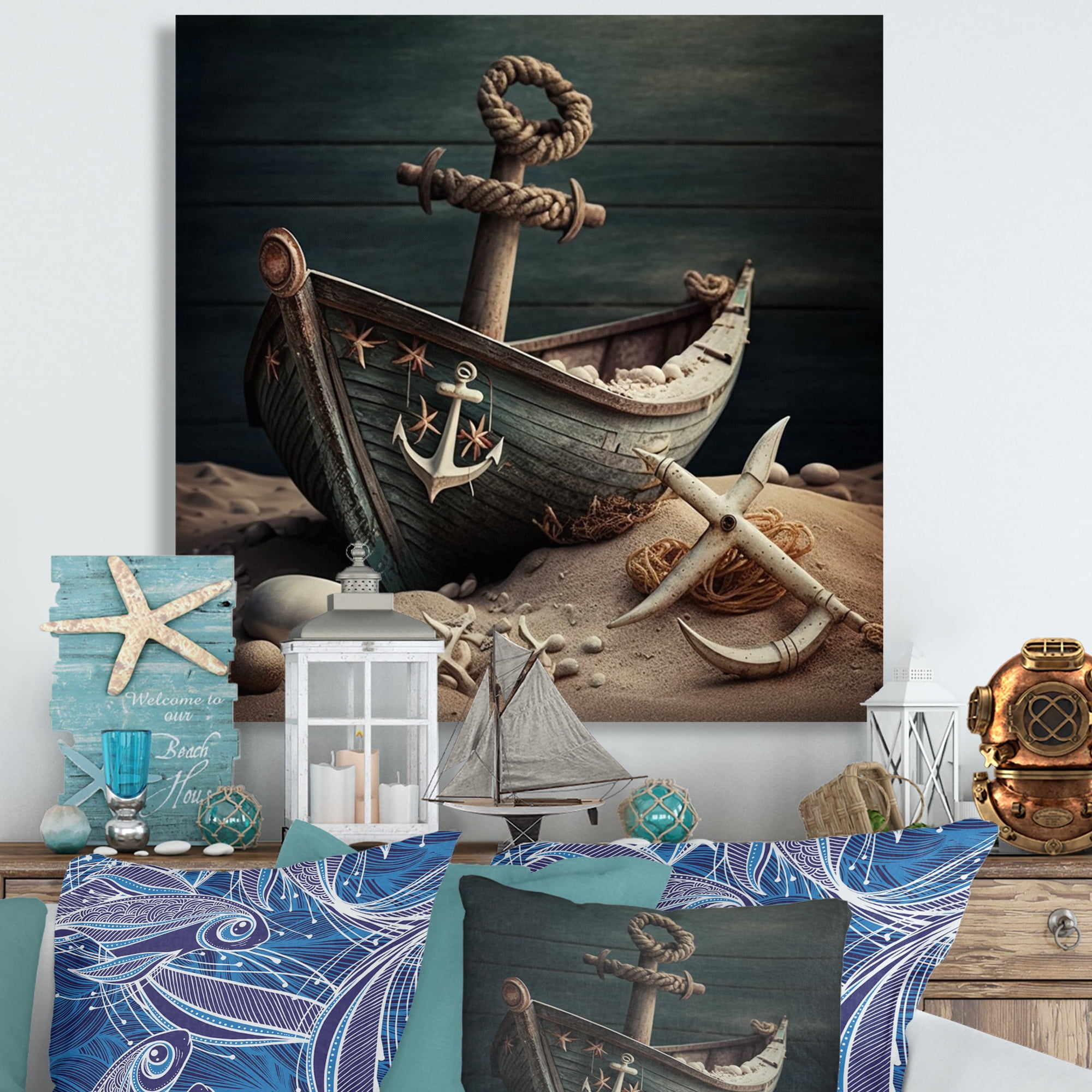 Designart "Emerald Vessel s Rest" Coastal Boat Metal Art Print ...