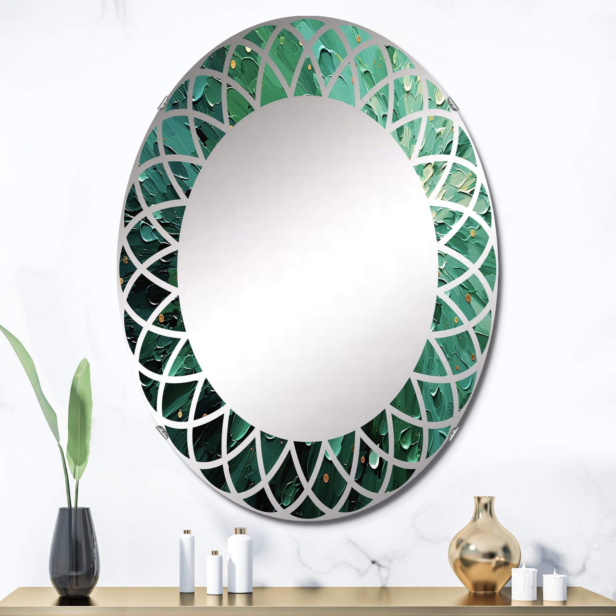 Designart "Emerald happiness II" Abstract Landscape Round Wall Mirror ...