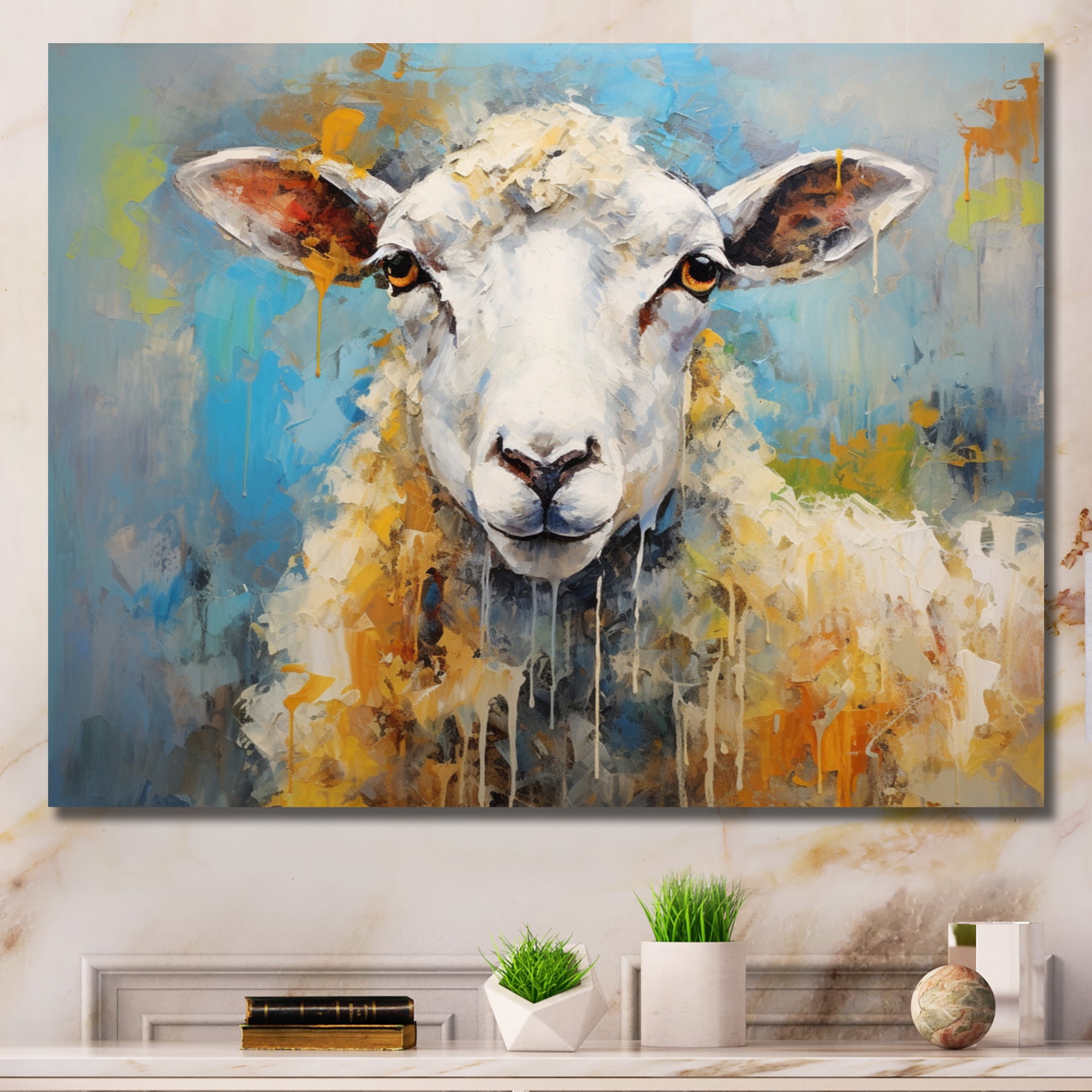 Designart "Encaustic Sheep Blue and Beige" Animals Canvas Wall Art ...