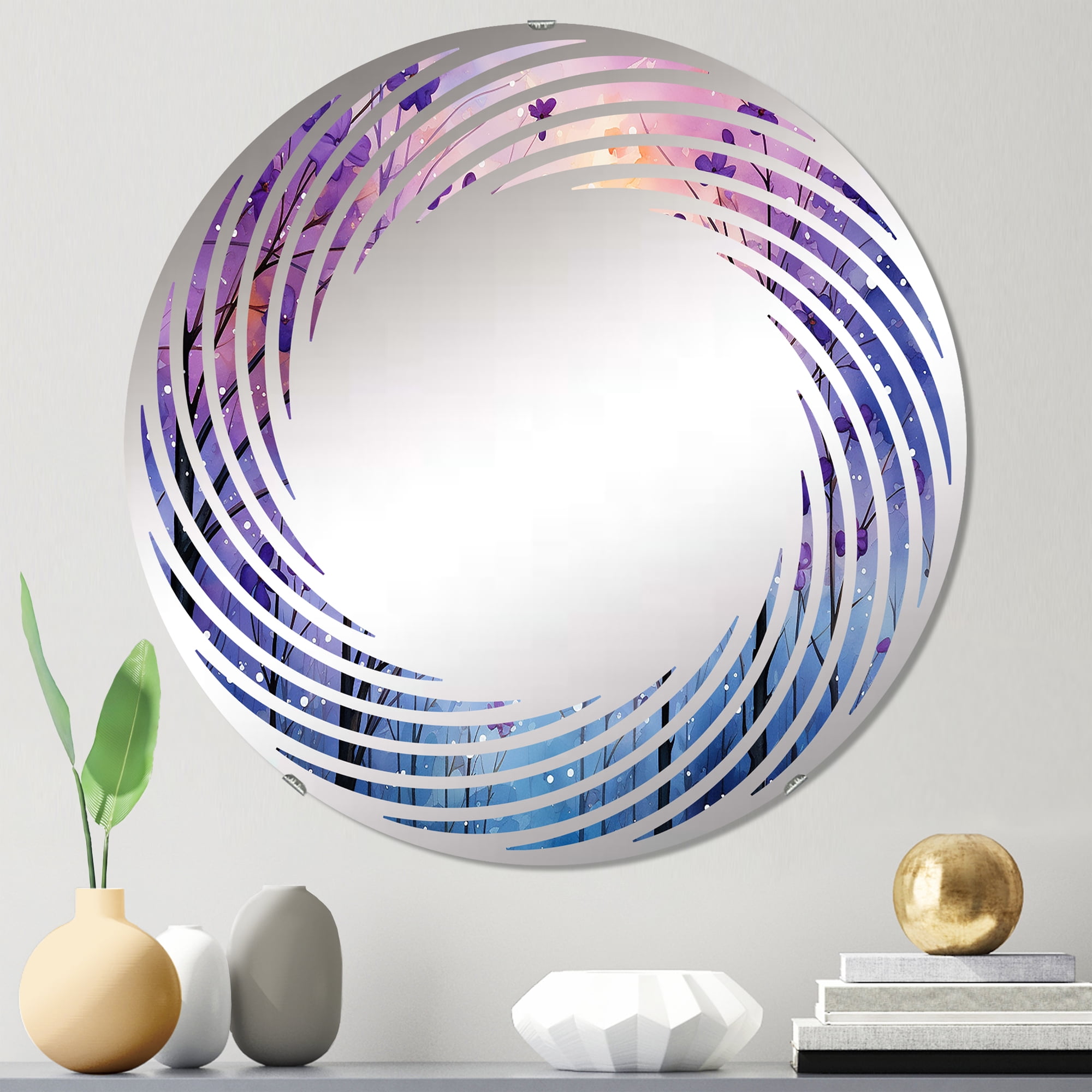 Designart "Enchanted Surrealism" Violets Spiral Round Wall Mirror ...