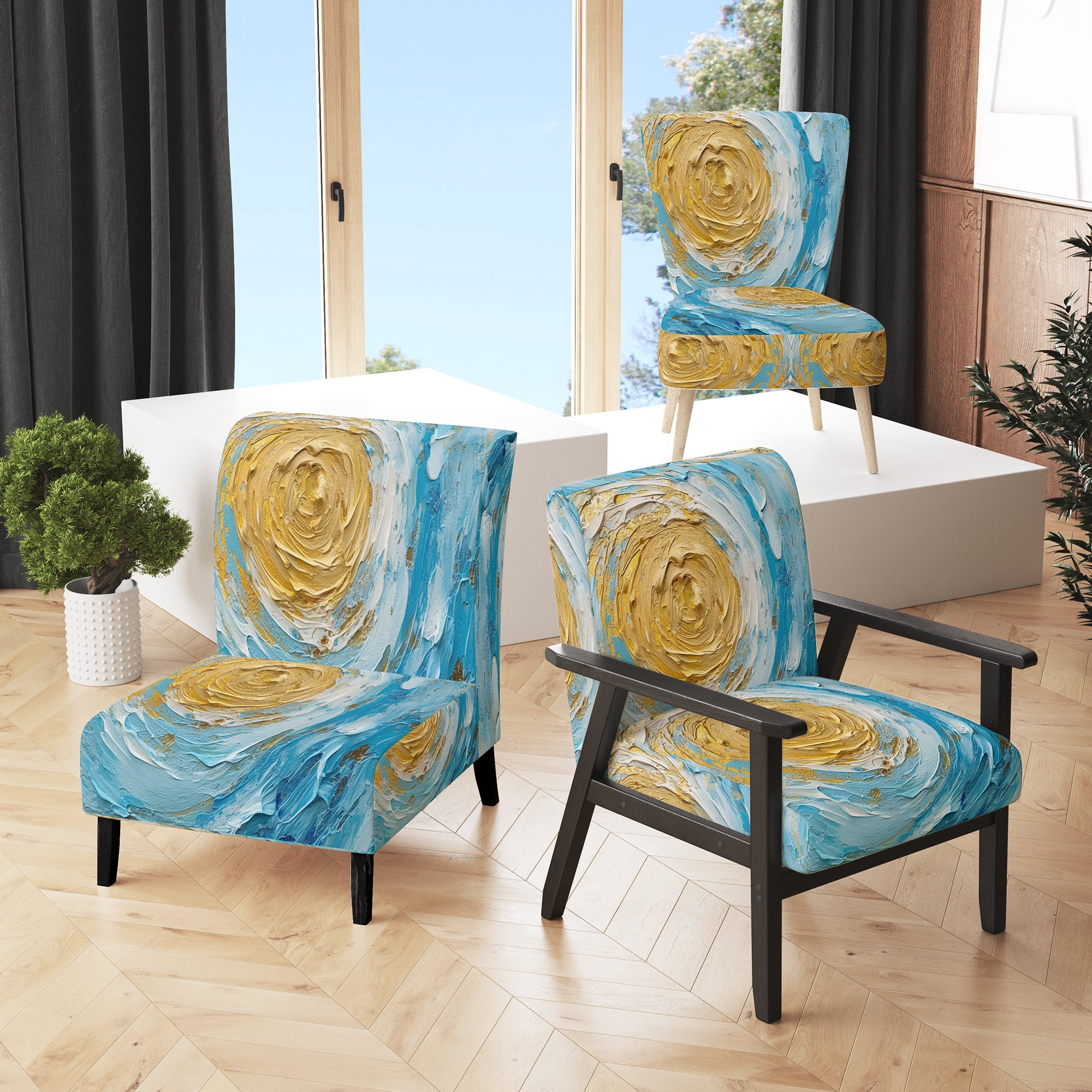 Designart "Enchanted Whirls in Baby Blue and Gold I" Blue Whirls ...