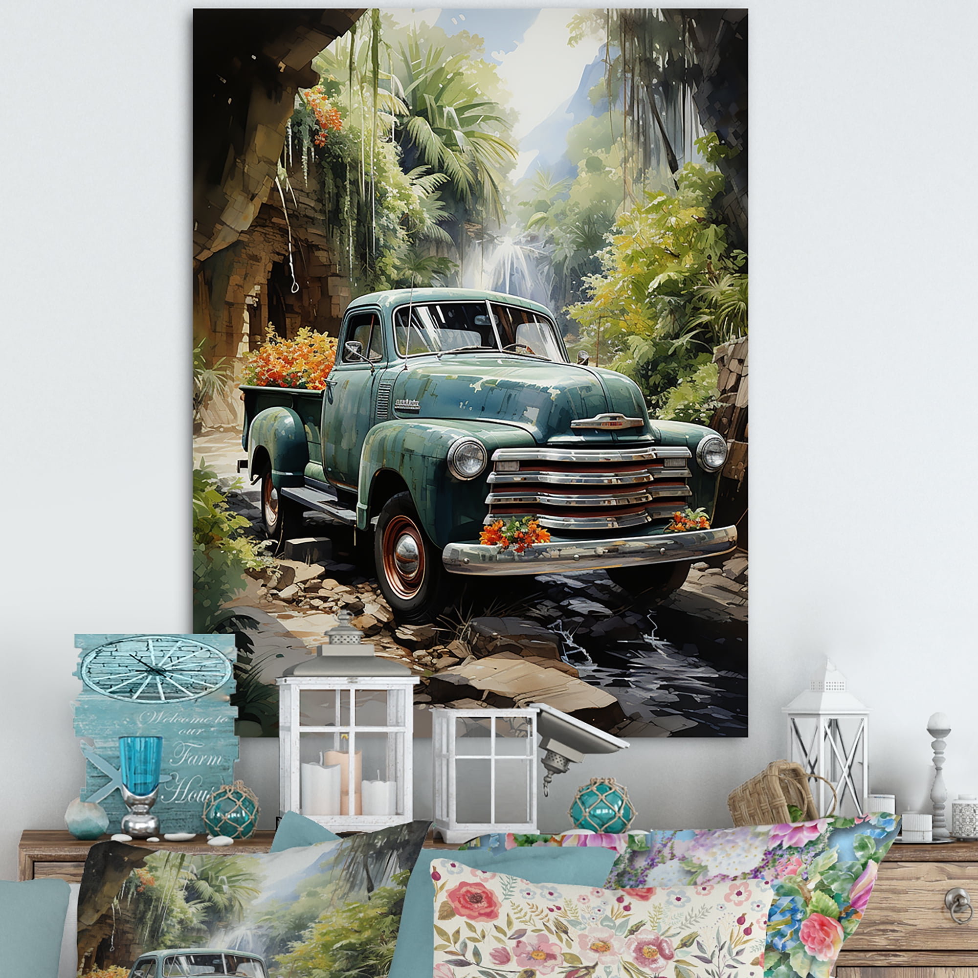 Designart "Enchanting Waterfall Green Pickup Truck Escape III" Pickup ...