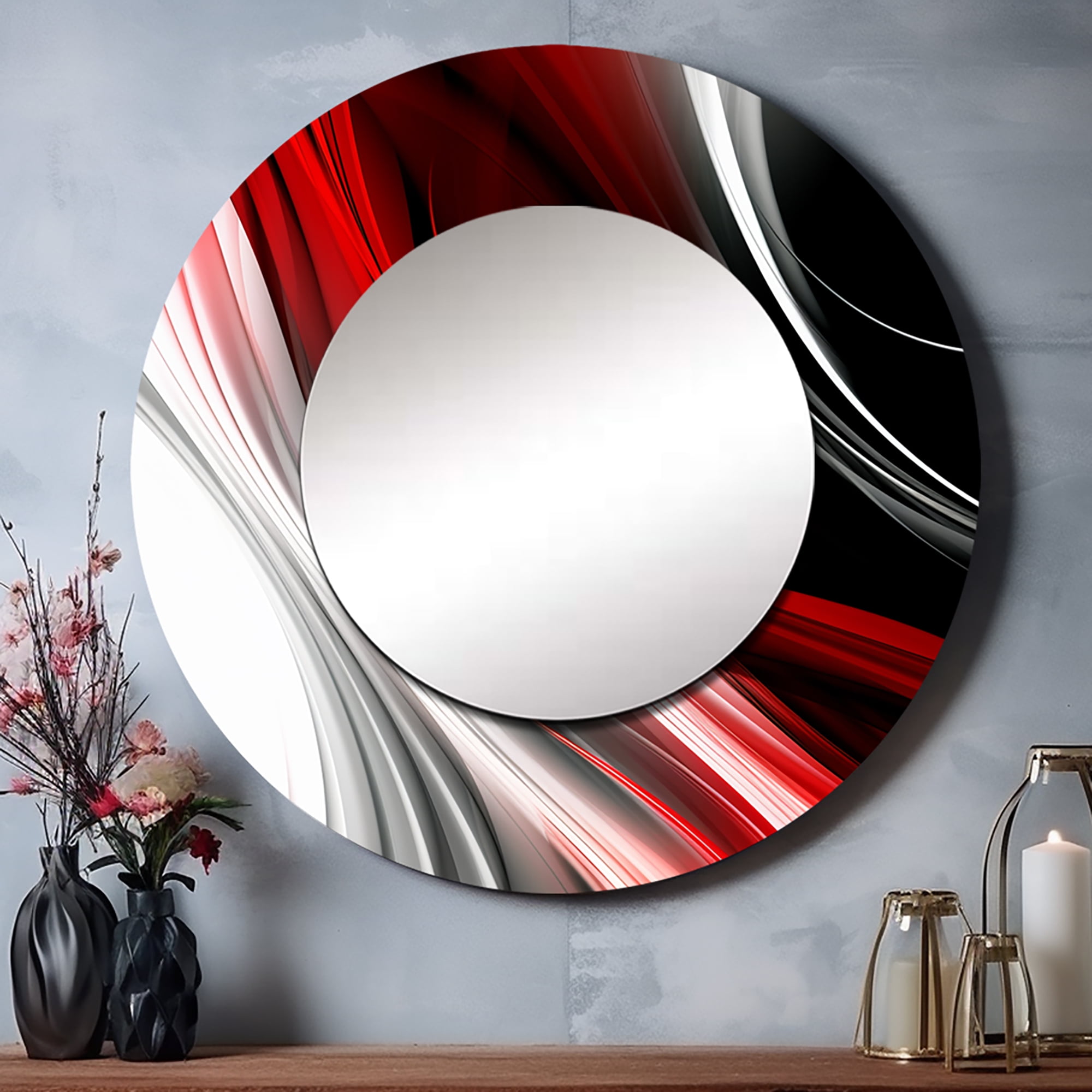 Designart "Endless Ripples Red and Black I" Modern Waves Rund Mirror ...