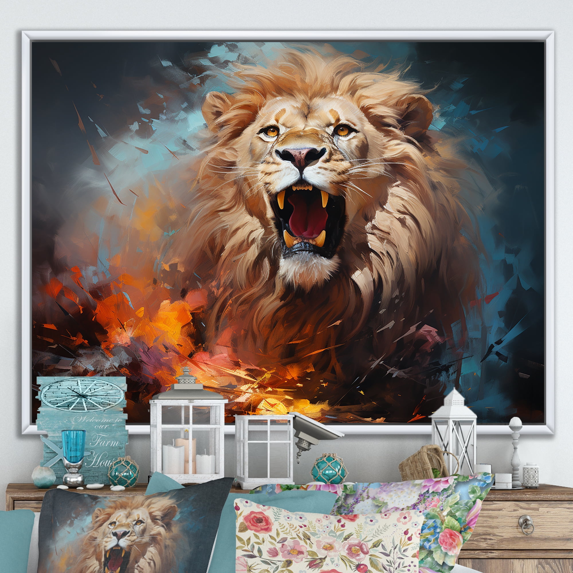 Designart "Energy Of The Untamed Lions" Animals Lion Floater Framed ...